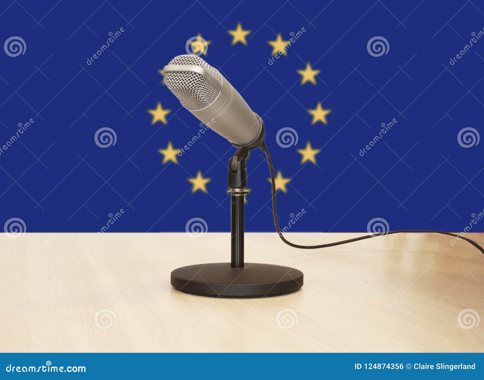 Microphone in Front of an European Flag Stock Photo - Image of news ...