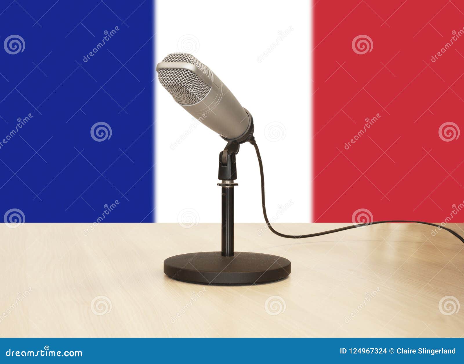 Microphone in Front of a French Flag Stock Photo - Image of talk, news ...