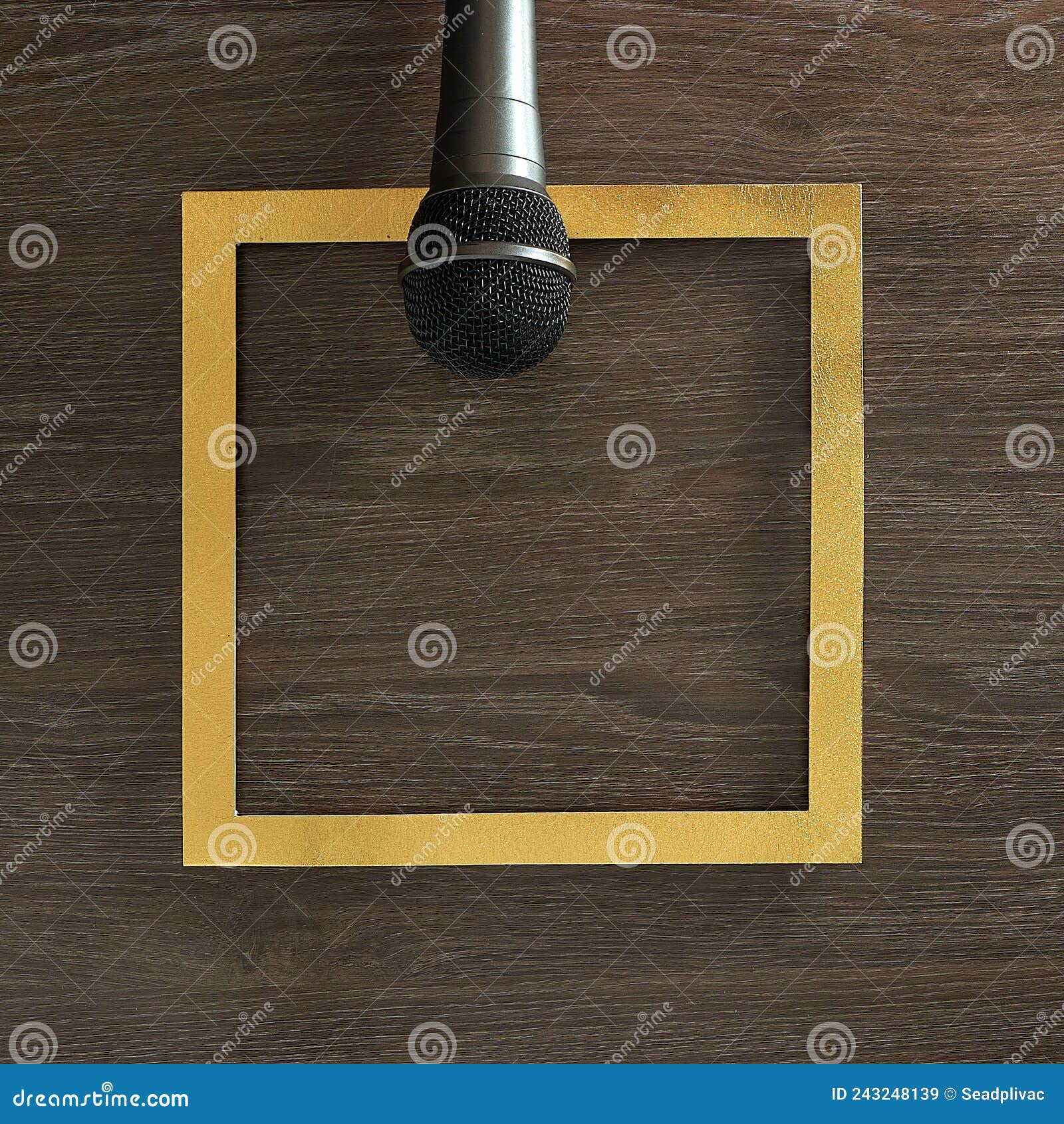 Microphone on a Gold Frame on a Wooden Background. Text Space. Top View ...