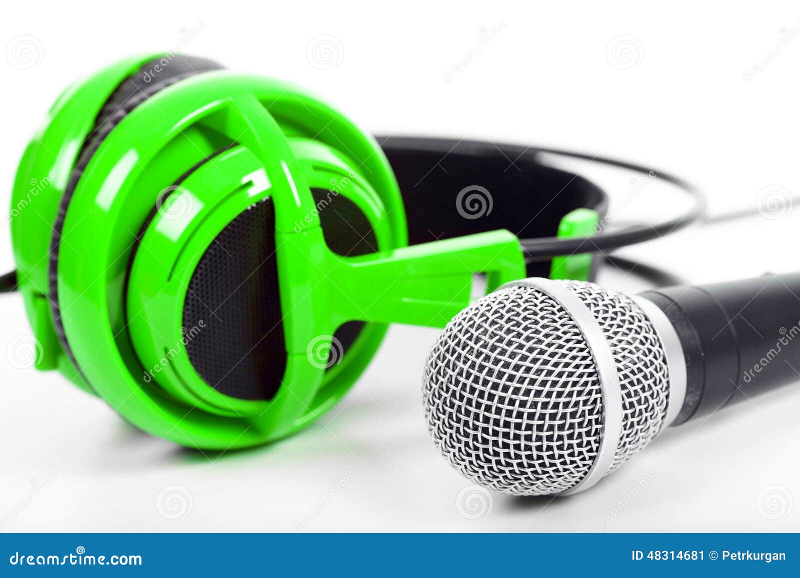 Microphone and Green Headphones Stock Image - Image of black, music ...