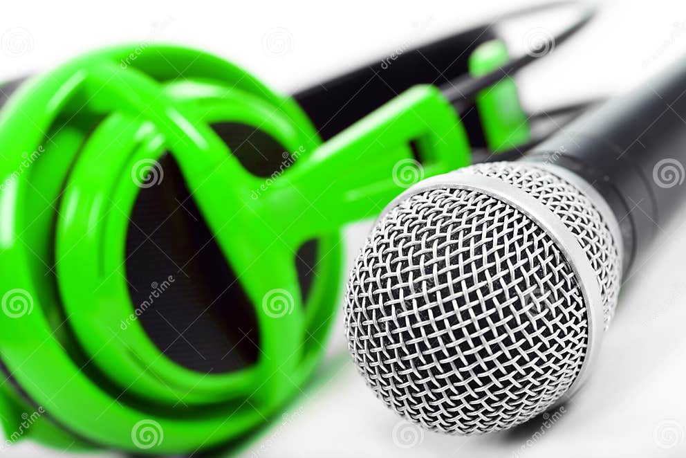Microphone and Green Headphones Stock Image - Image of green ...