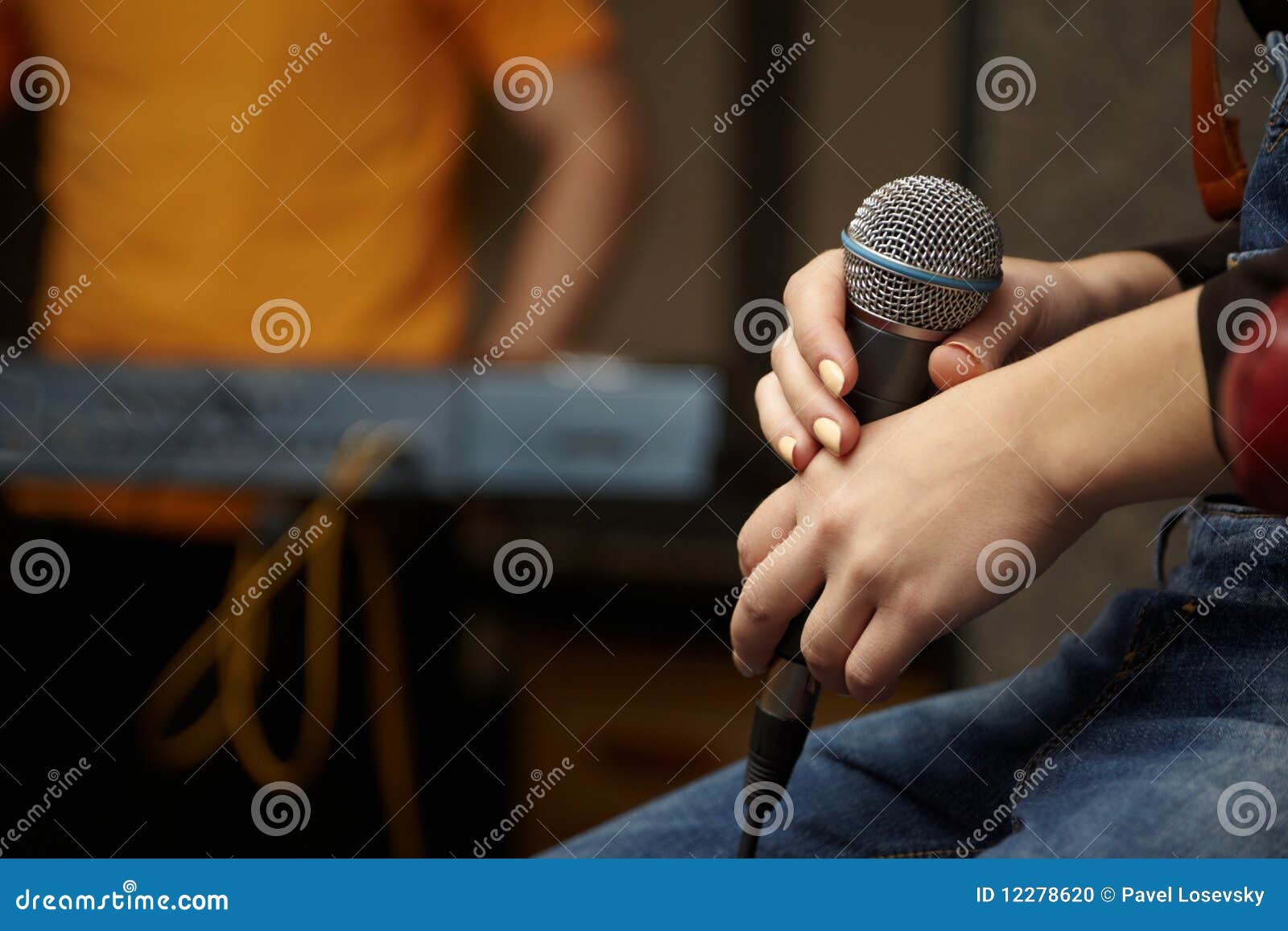 Microphone in Hand of Vocalist Girl. Stock Photo - Image of musician ...
