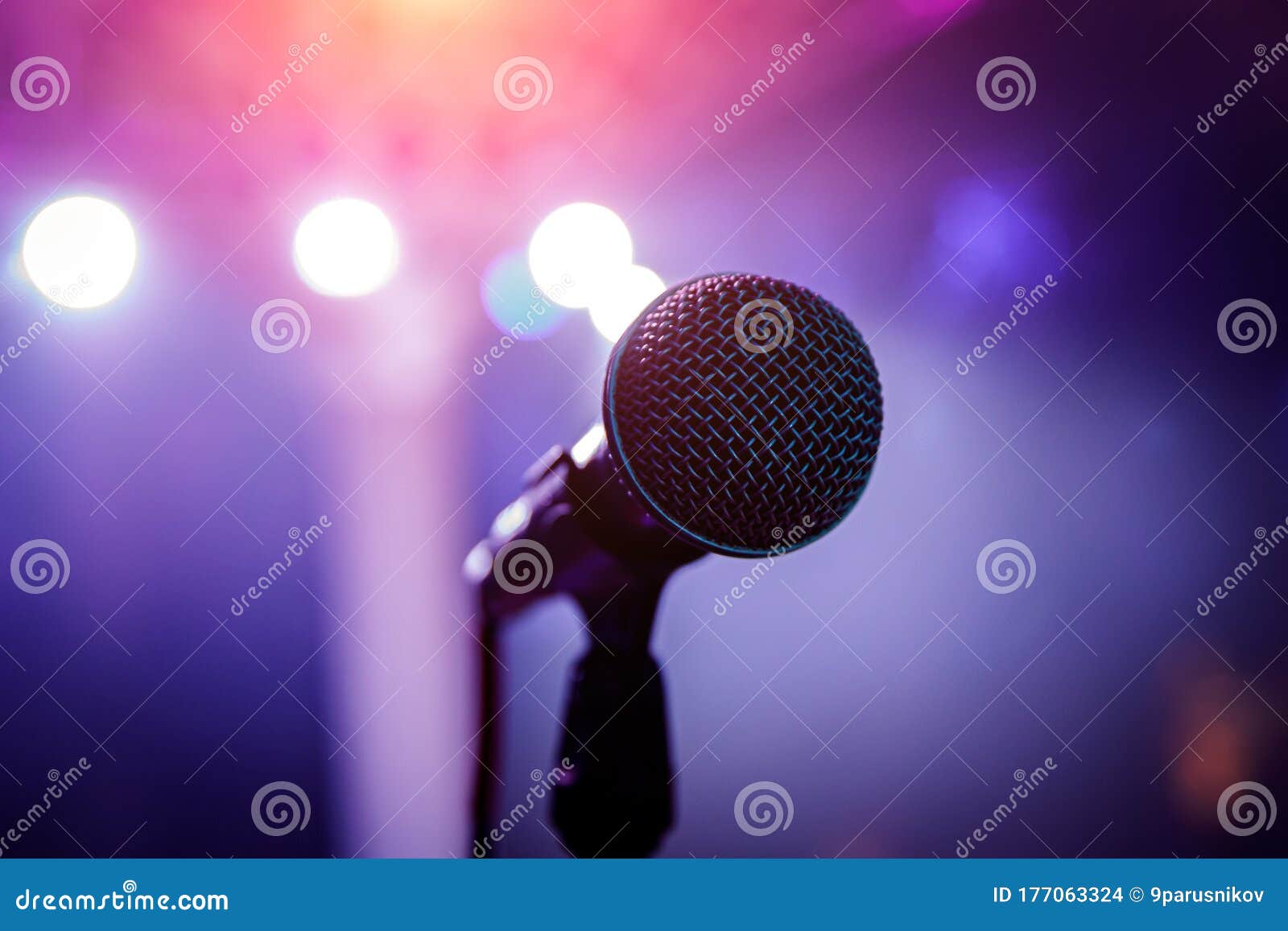 Microphone Head on Stage in a Dark Room Stock Photo - Image of concert ...