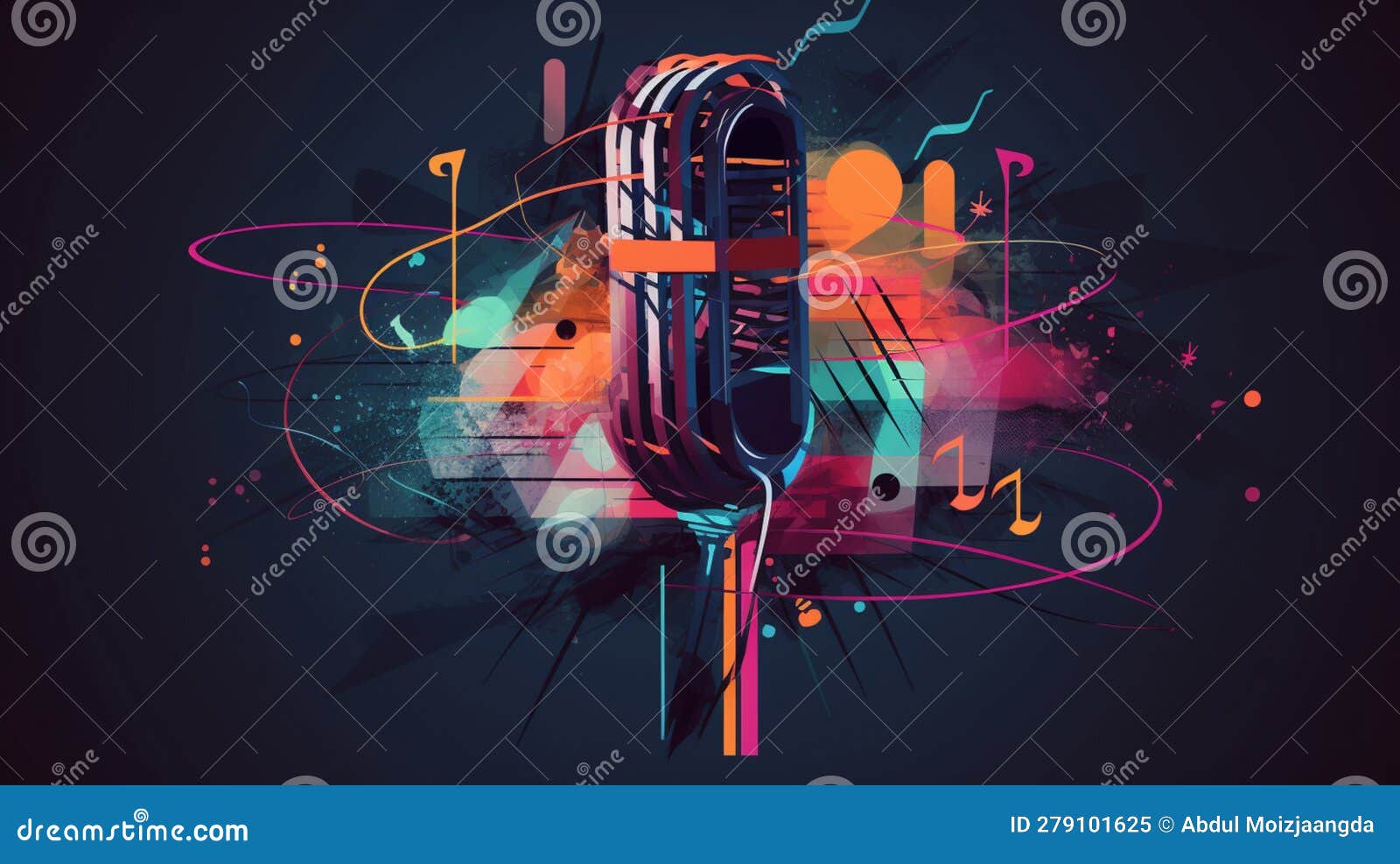 Microphone Illustration and Abstract Musical Notes in Flat Design Style ...