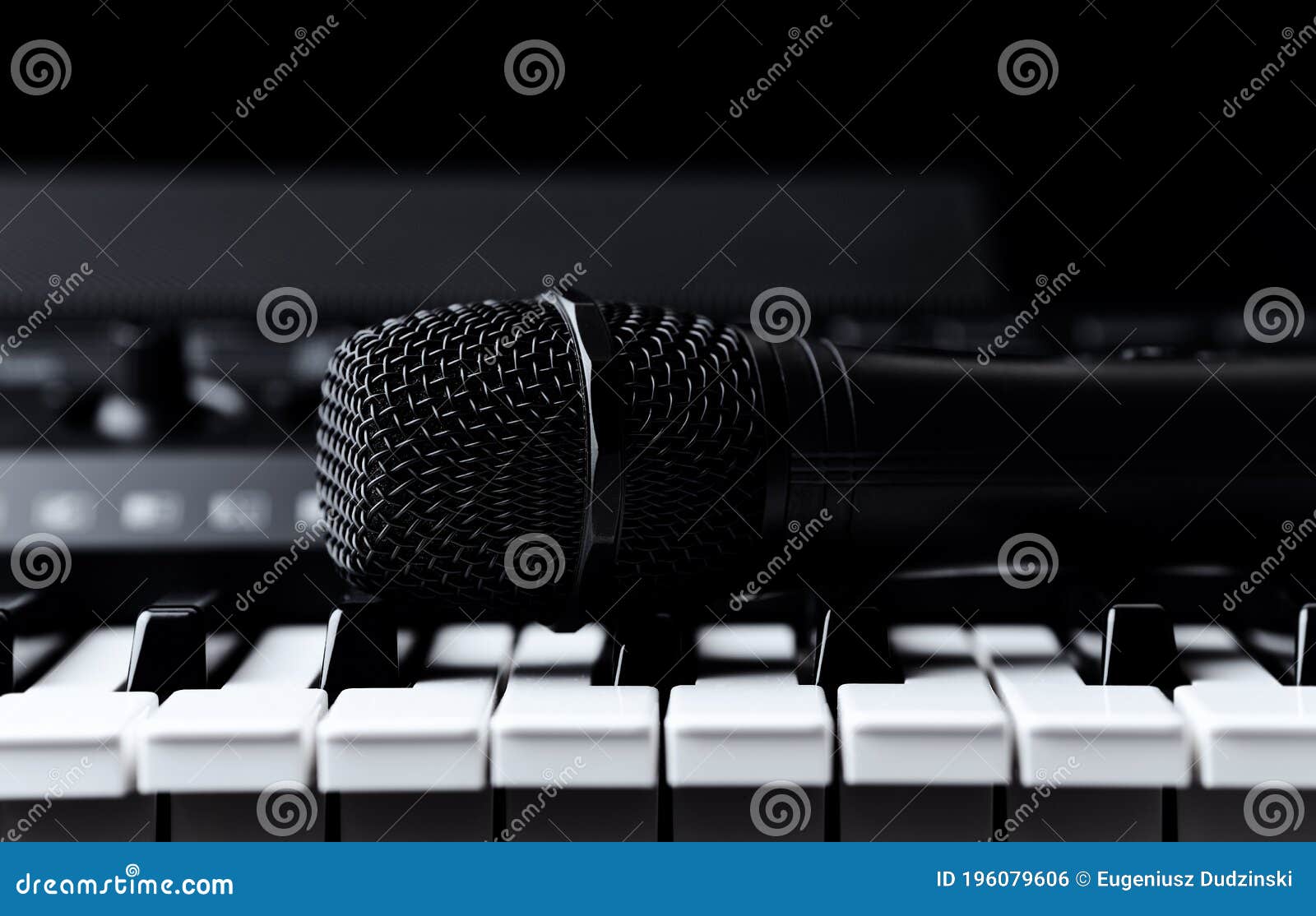 Microphone on keyboard . stock photo. Image of white - 196079606