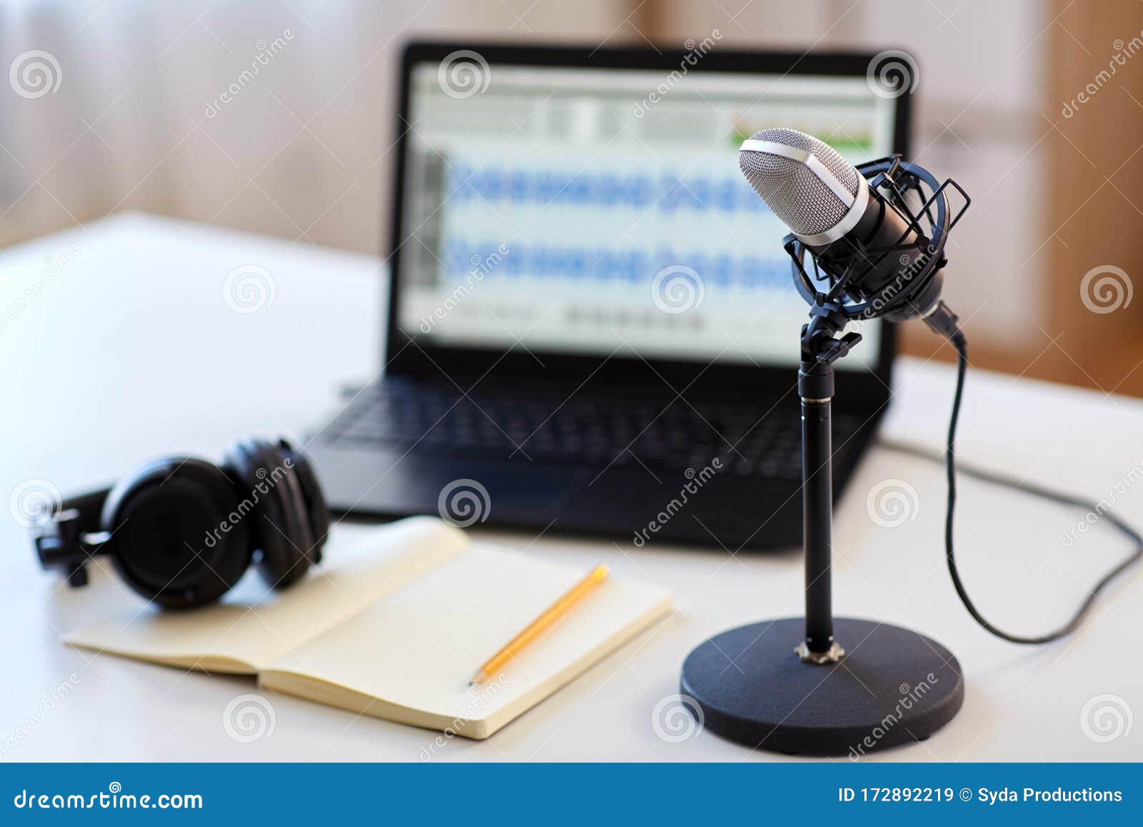 Microphone, Laptop, Headphones, Notebook on Table Stock Image - Image ...