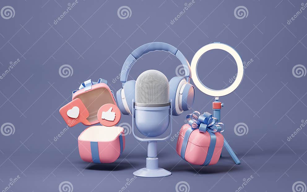 Microphone Live Streaming and Gift Boxes, 3d Rendering Stock ...