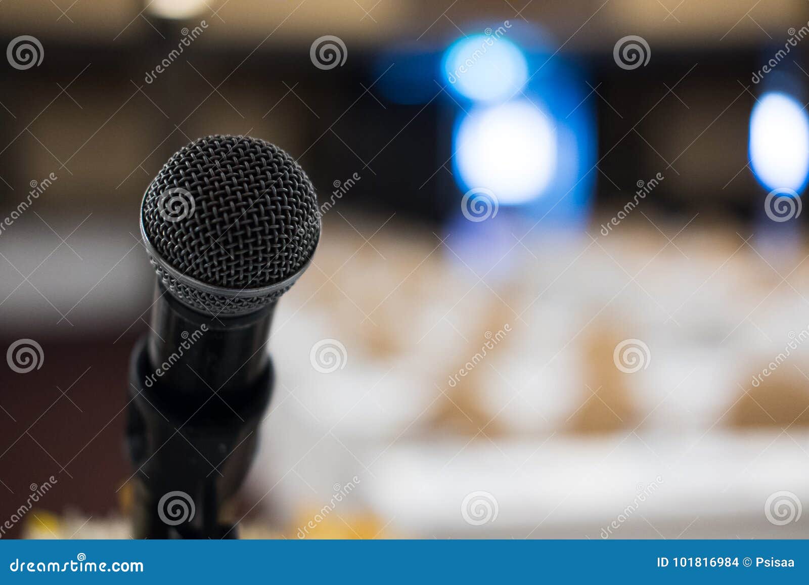 Microphone in Modern Conference Hall Interior with White Chairs. Stock ...