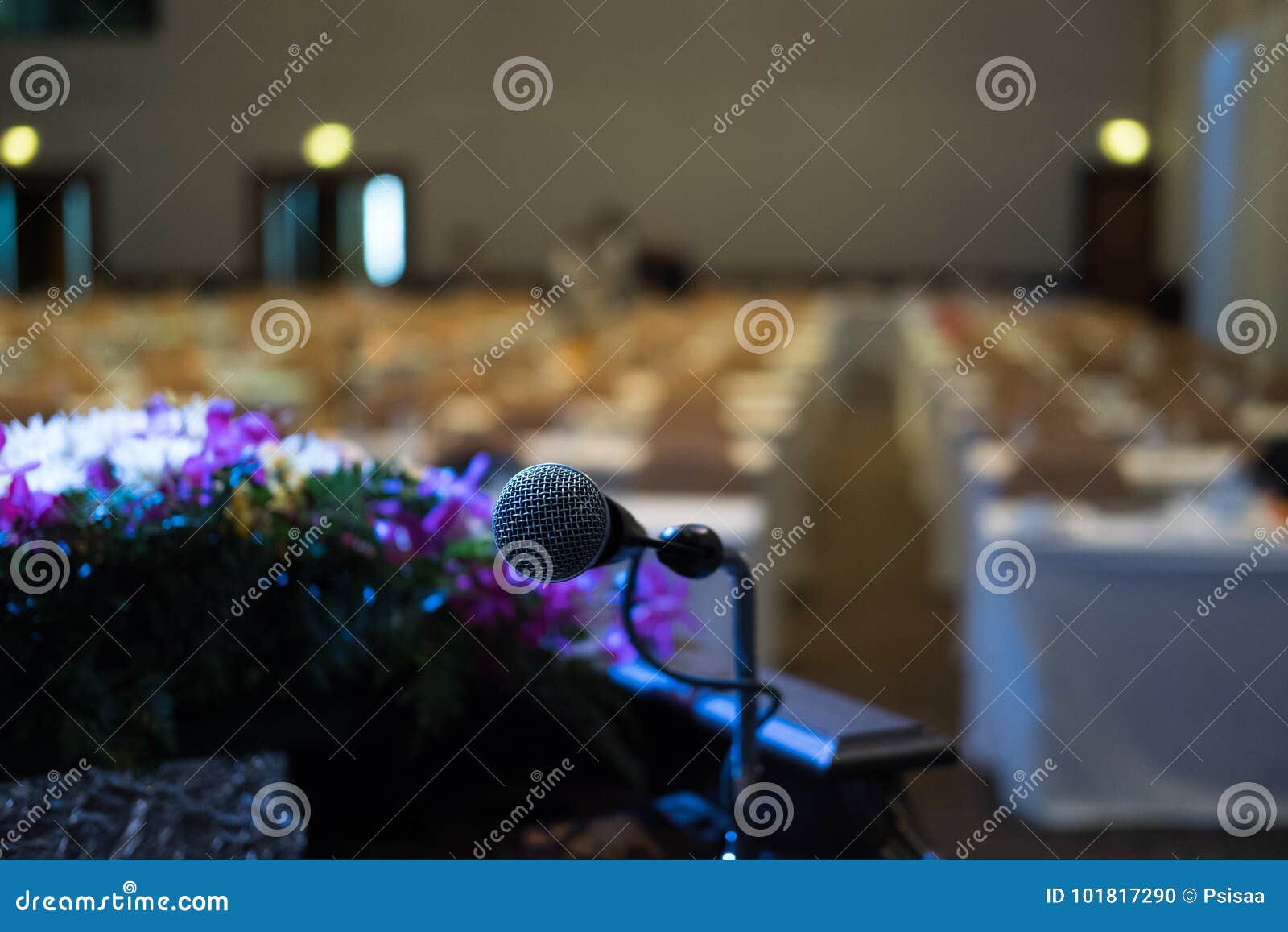 Microphone in Modern Conference Hall Interior with White Chairs. Stock ...