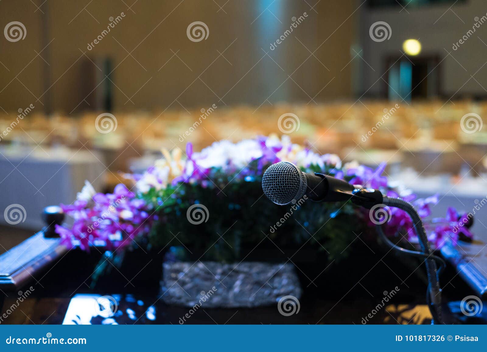 Microphone in Modern Conference Hall Interior with White Chairs. Stock ...