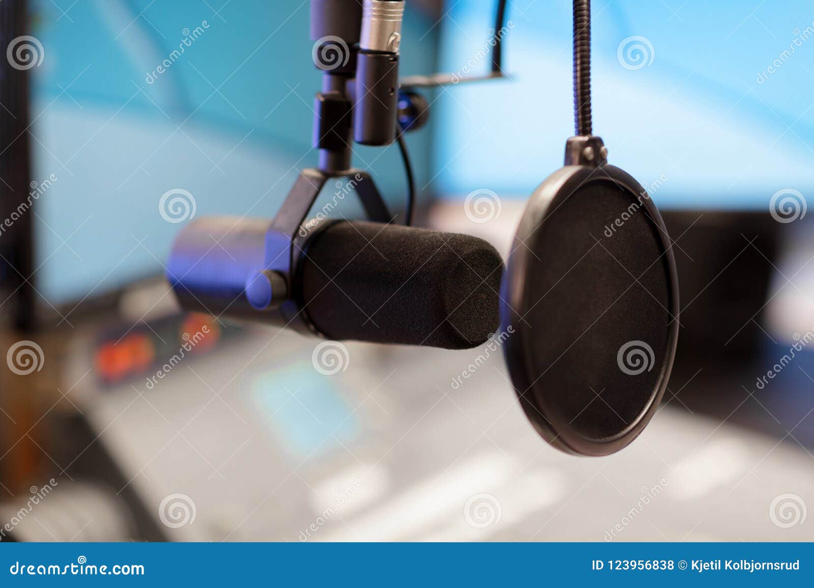 Microphone in Modern Radio Station Broadcasting Studio Stock Photo ...