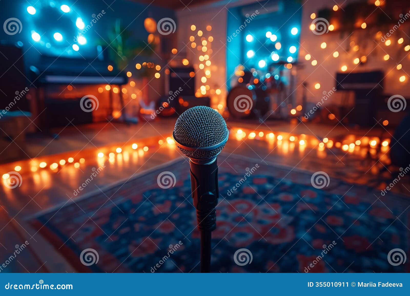 A Microphone in a Music Studio with Warm Ambient Lighting and Decorated ...