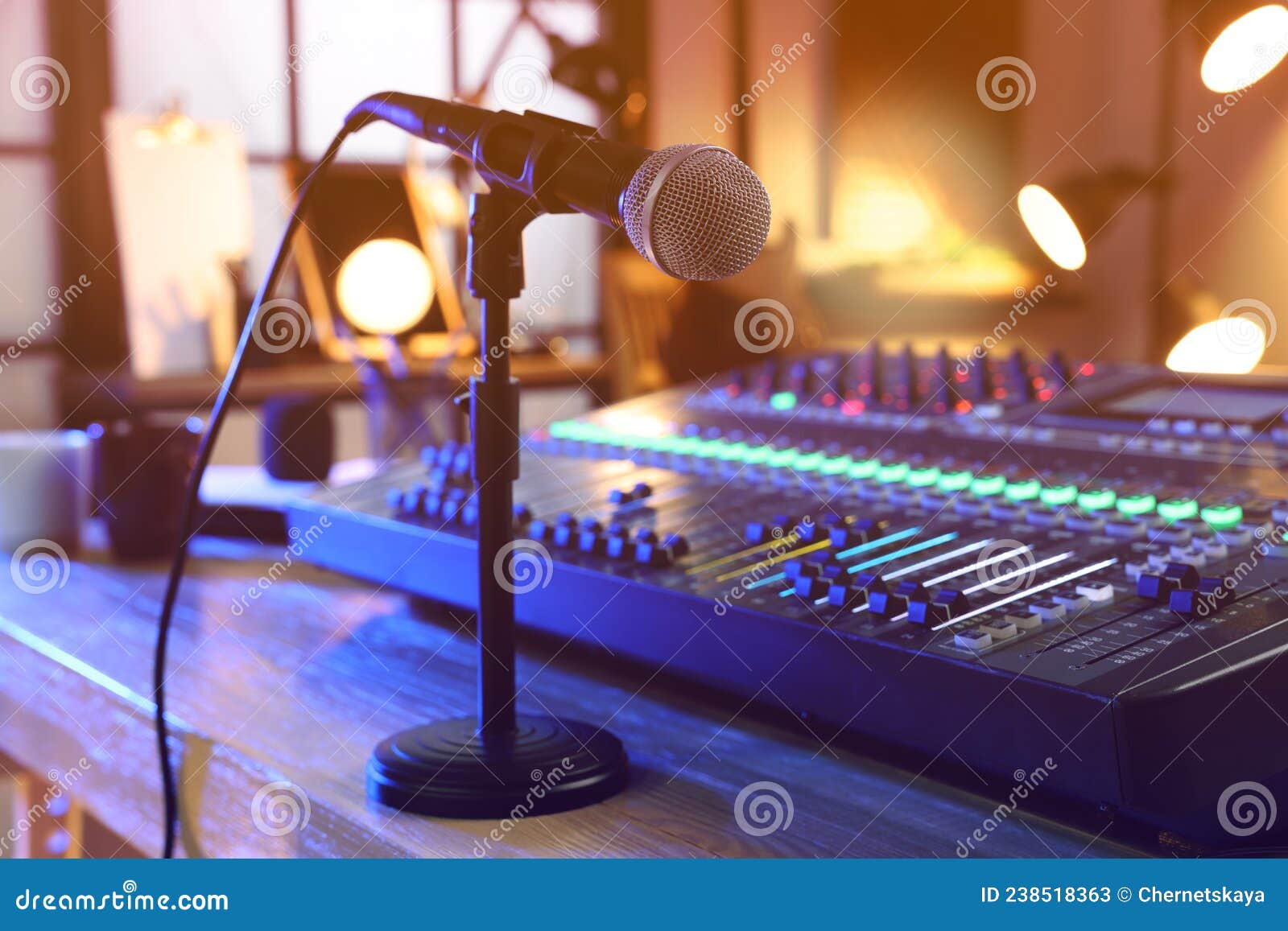Microphone Near Professional Mixing Console on Table in Radio Studio ...