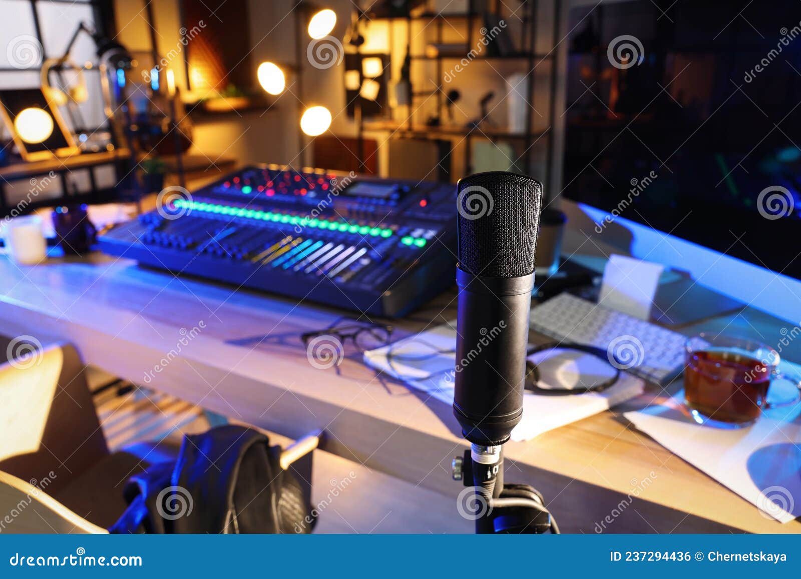 Microphone Near Table with Professional Mixing Console in Radio Studio ...