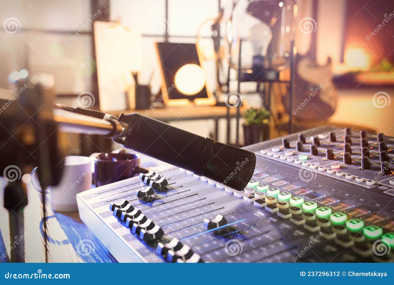 Microphone Over Professional Mixing Console on Table in Radio Studio ...