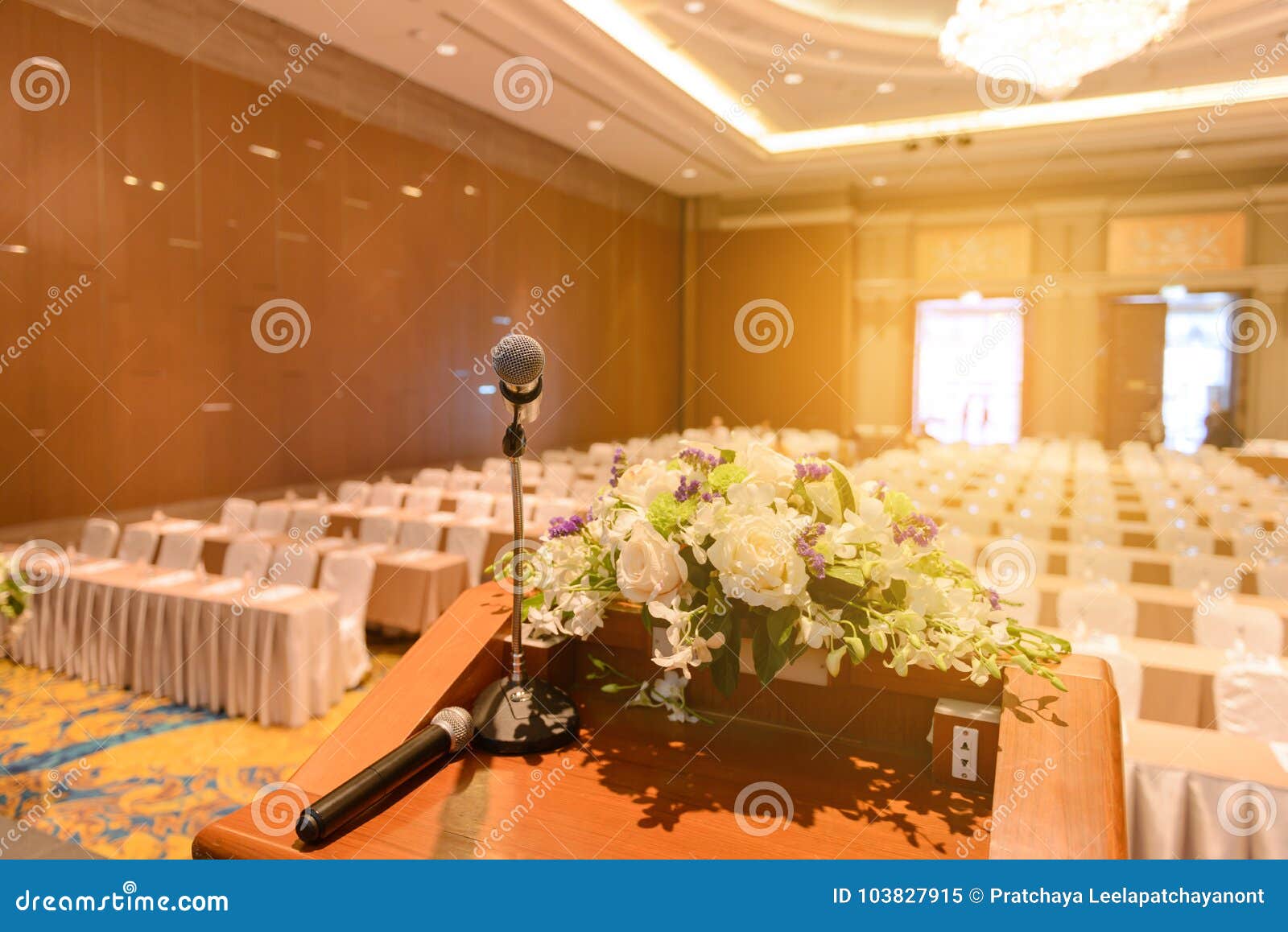 Microphone on Podium in Empty Room Stock Image - Image of speech, blur ...