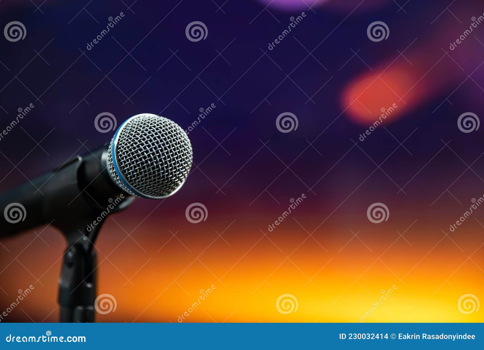 Close-up the Microphone on Stand for Speaker Speech Presentation Stage ...
