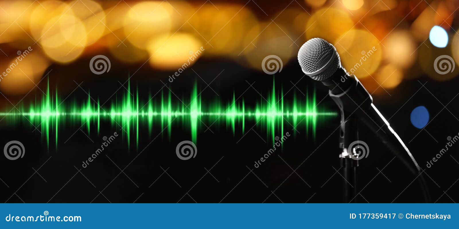 Microphone And Radio Wave On Background, Bokeh Effect. Banner Design ...
