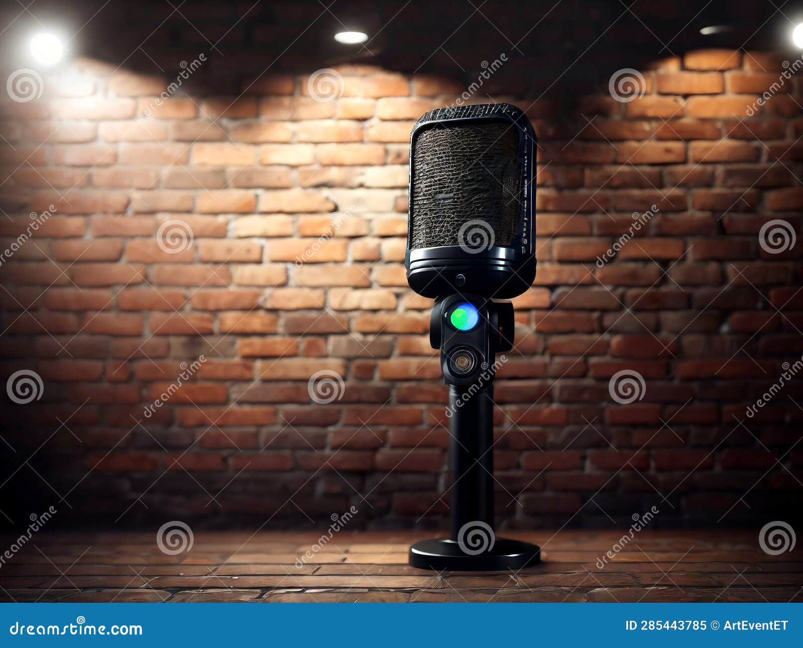 Microphone Ready on Stage Against Brick Wall. Stage with a Microphone ...