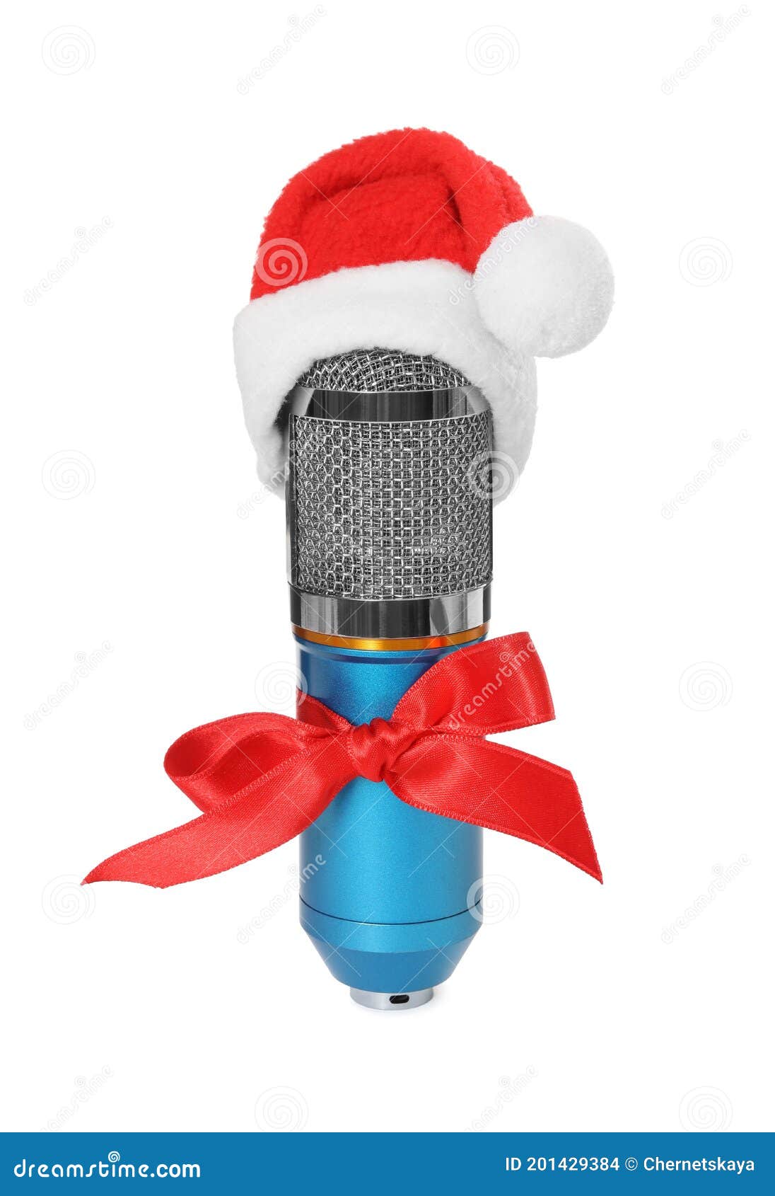 Microphone with Santa Hat and Red Bow Isolated on White. Christmas ...