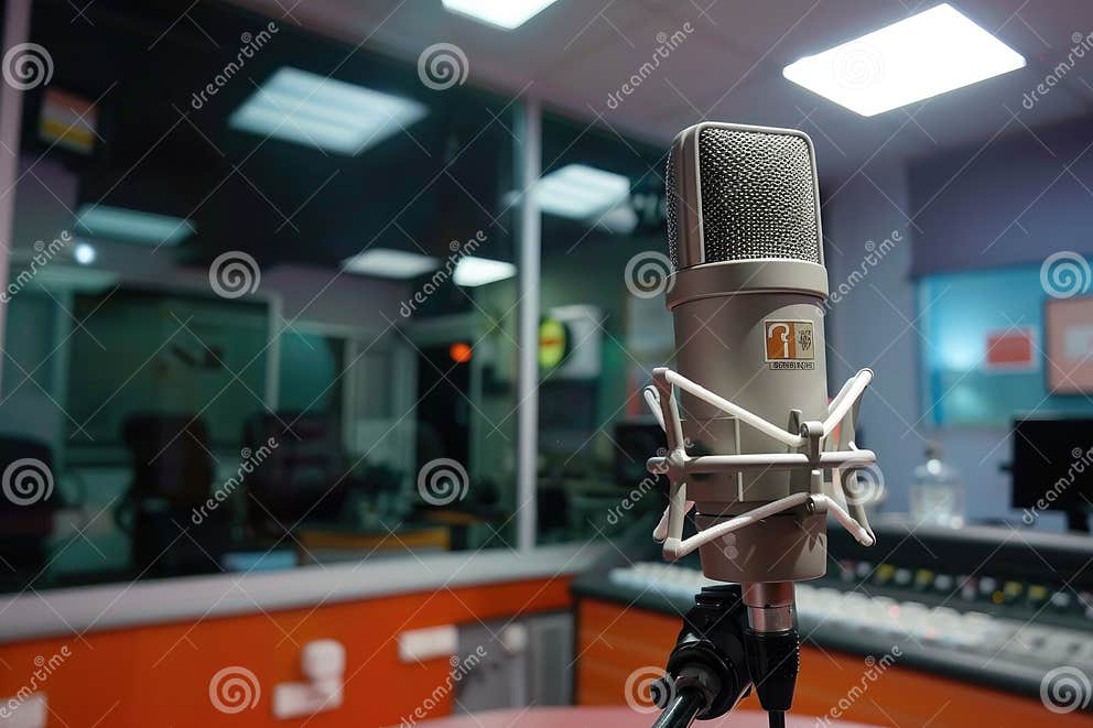A Microphone Sits on a Table beside a Mixer in a Studio Stock ...
