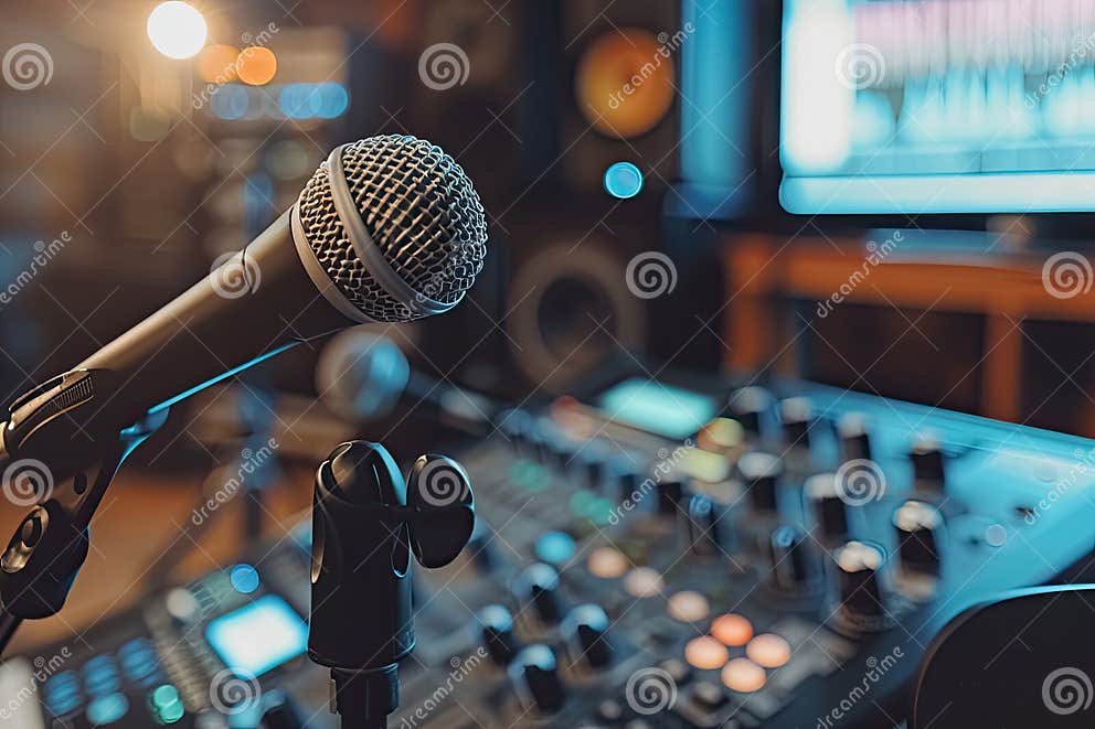 A Microphone Sits on a Table beside a Mixer in a Studio Stock ...