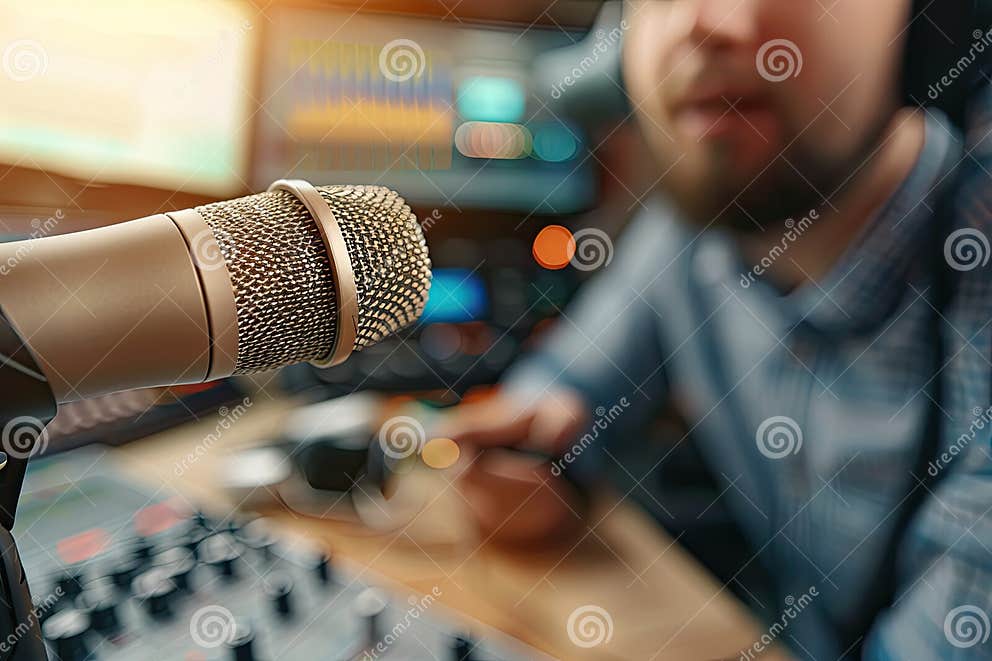 A Microphone Sits on a Table beside a Mixer in a Studio Stock ...