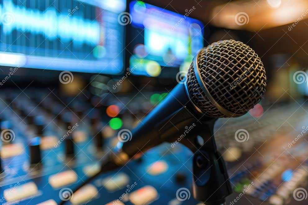 A Microphone Sits on a Table beside a Mixer in a Studio Stock ...