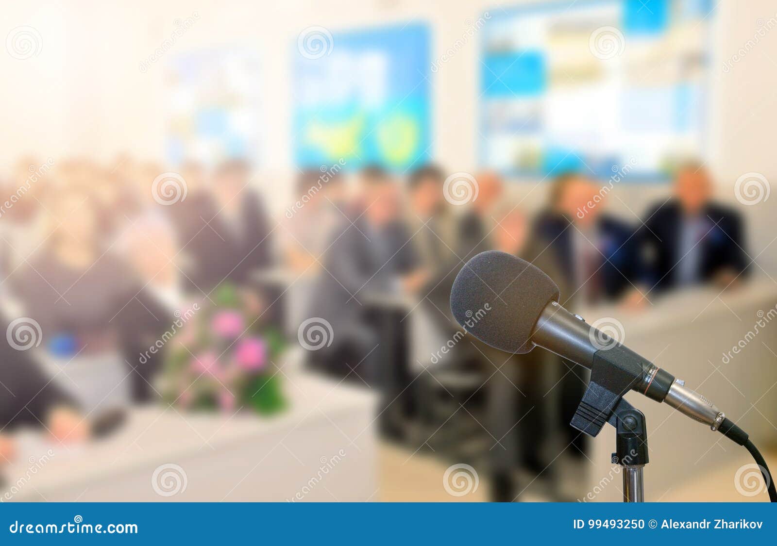 Microphone on Stage Against a Background of Auditorium Stock Photo ...