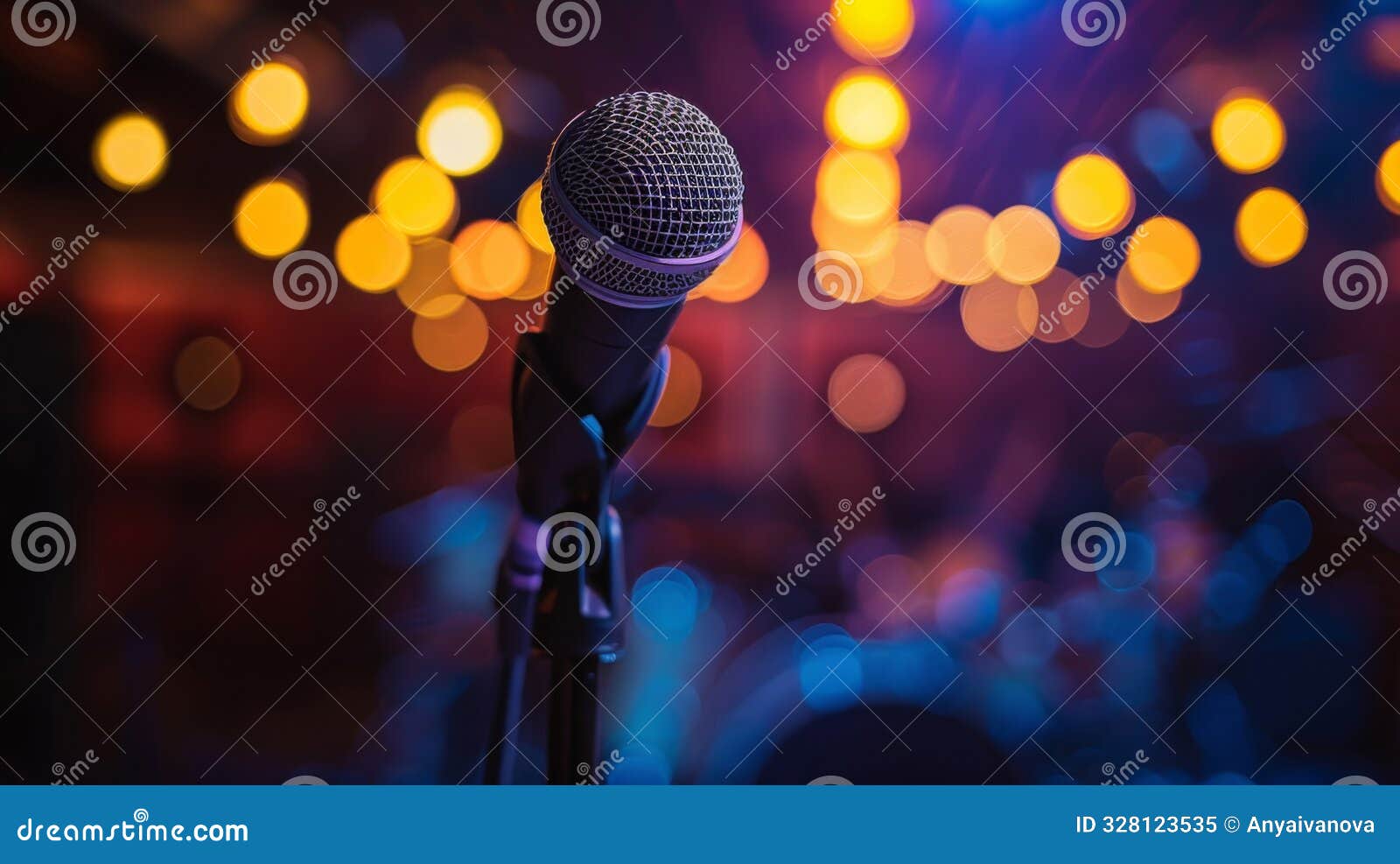 Microphone on Stage with Bokeh Lights in Background during Live ...