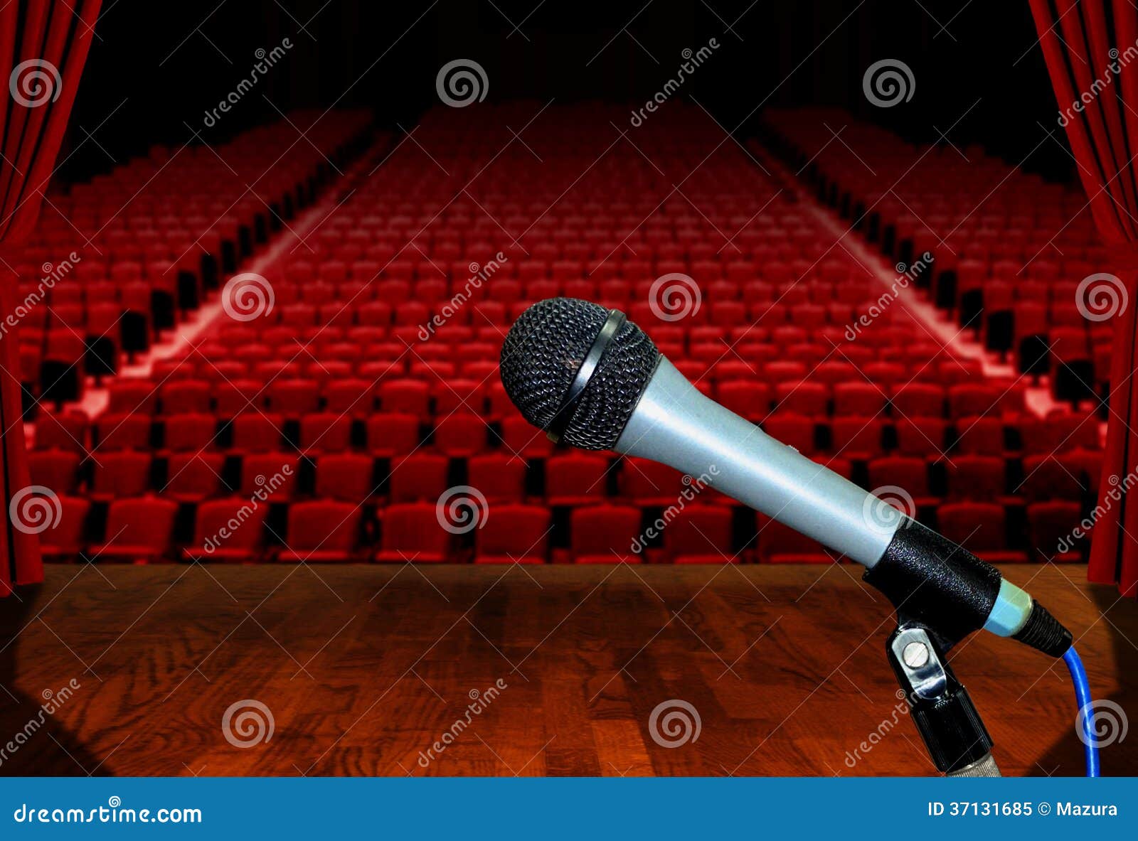 Microphone on Stage with Empty Auditorium Seats Stock Image - Image of ...