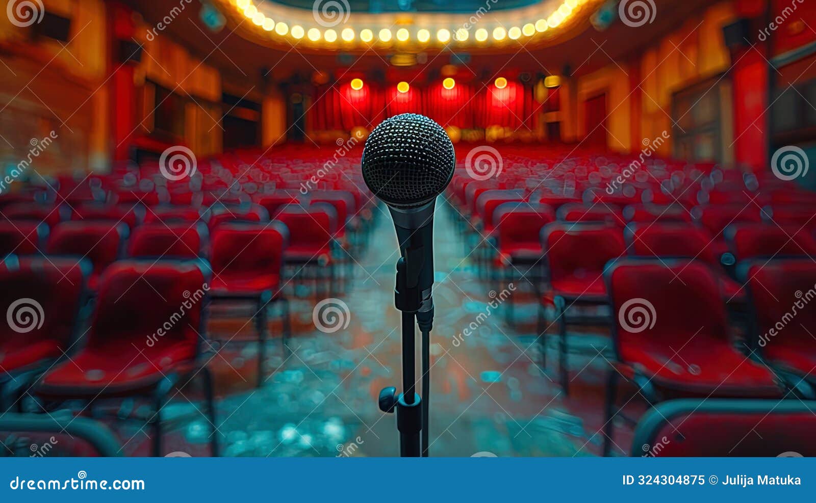 Microphone On Theater Or Karaoke Stage, Golden Luminous Star On ...