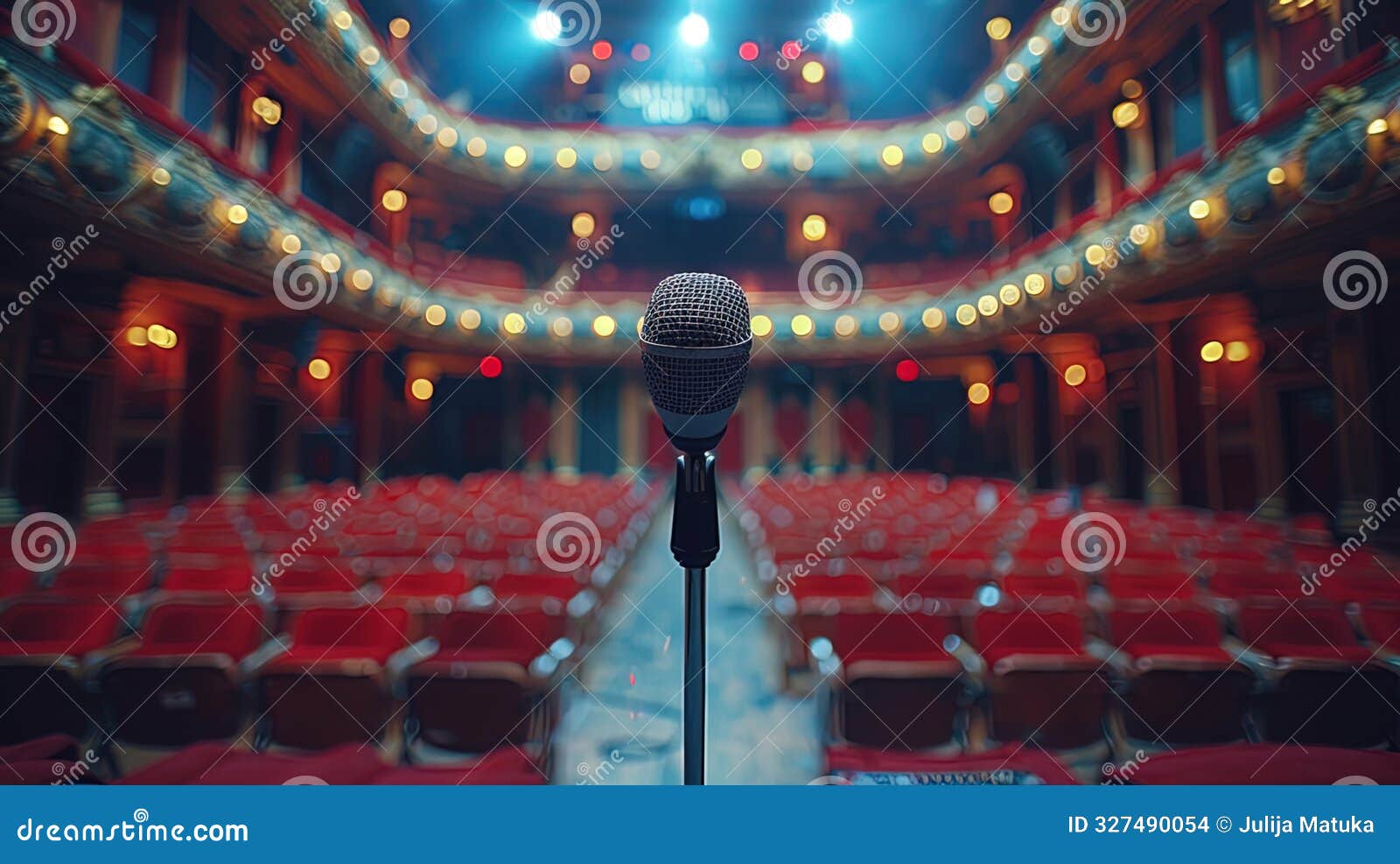 Microphone On Theater Or Karaoke Stage, Golden Luminous Star On ...