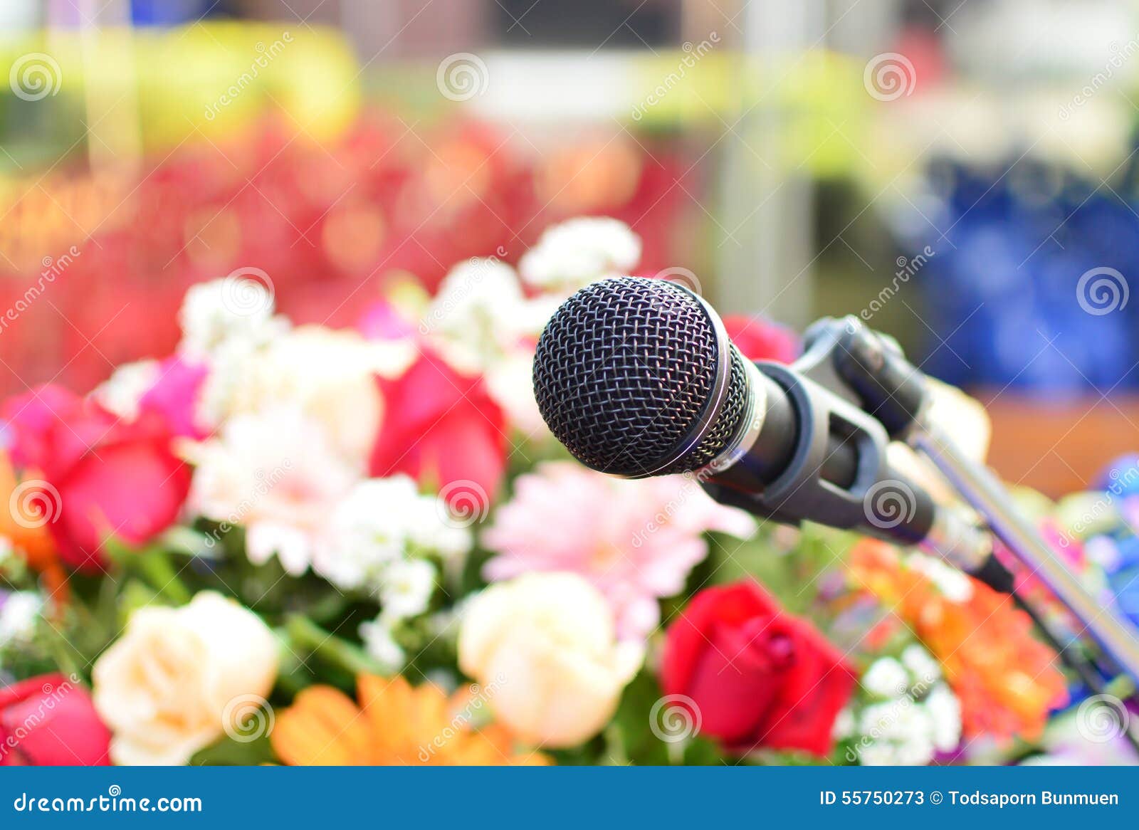 Microphone on the Stage and Flower Background Stock Image - Image of ...