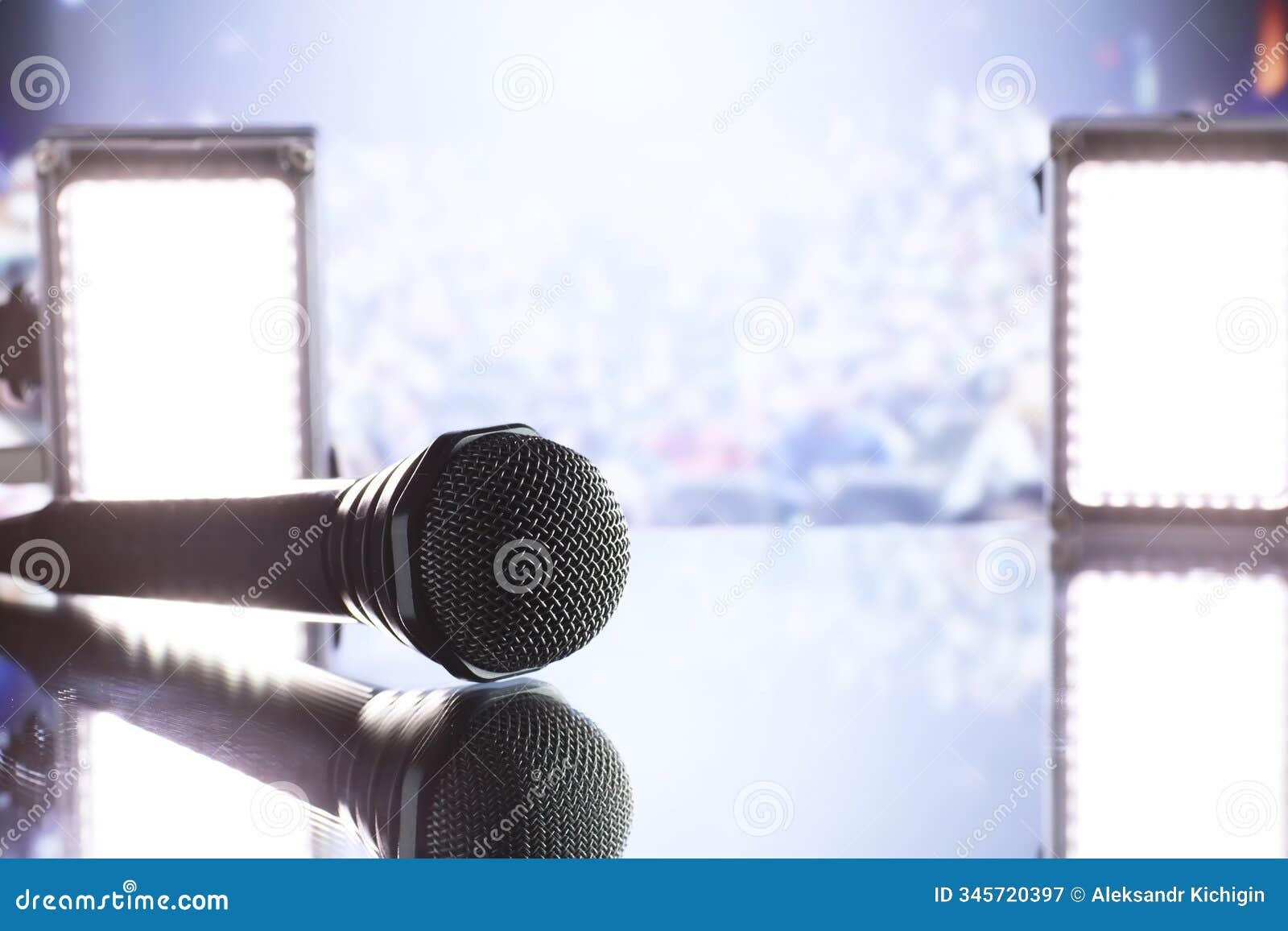 The Microphone on the Stage in Front of the Hall. Performance on Stage ...