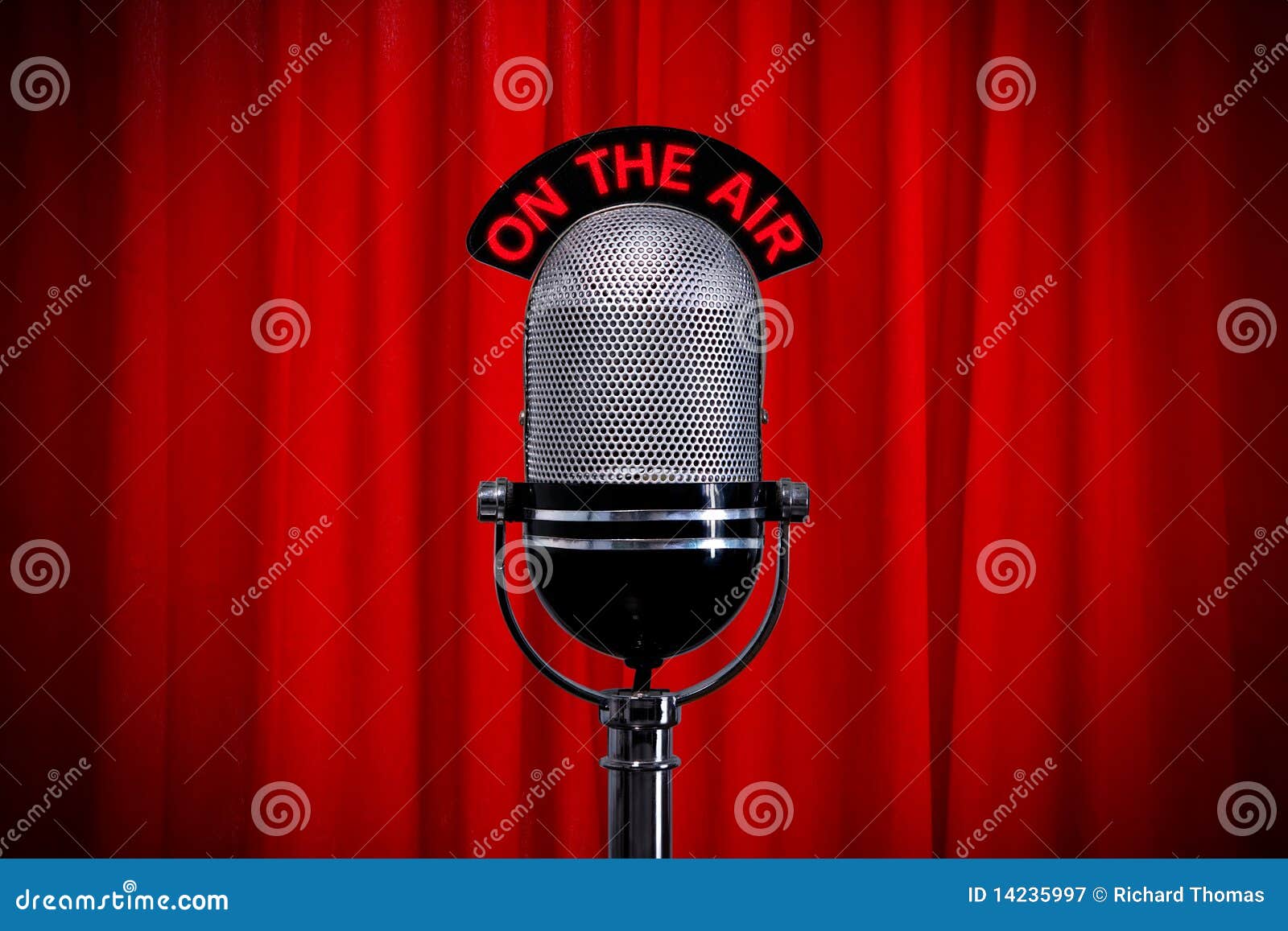 Microphone on Stage with Spotlight on Red Curtain Stock Image - Image ...
