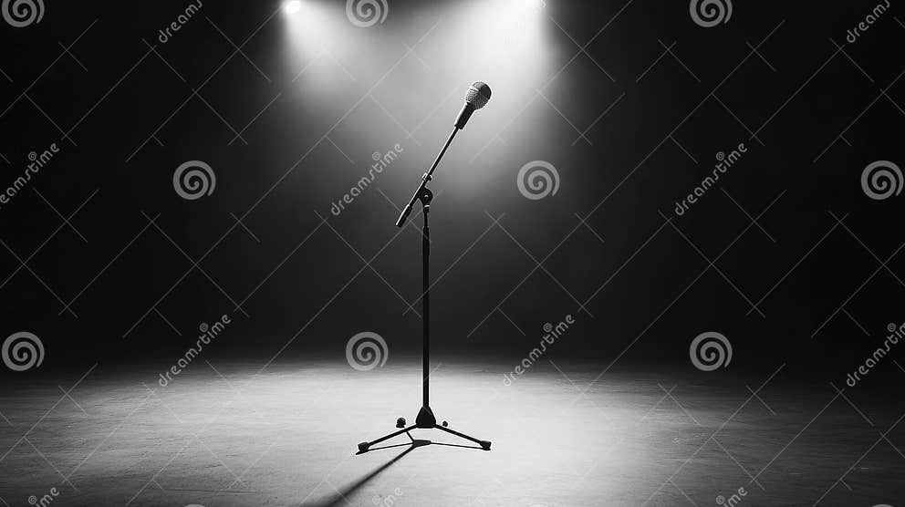 Microphone Stand on Empty Stage Illuminated by Spotlight in Dark Room ...