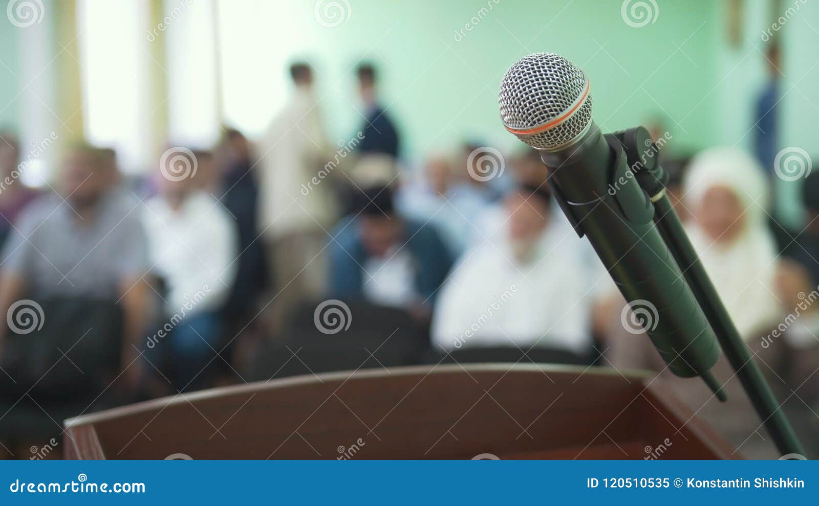 The Microphone on Stand in Front of Crowd of Islamic People on Mass ...