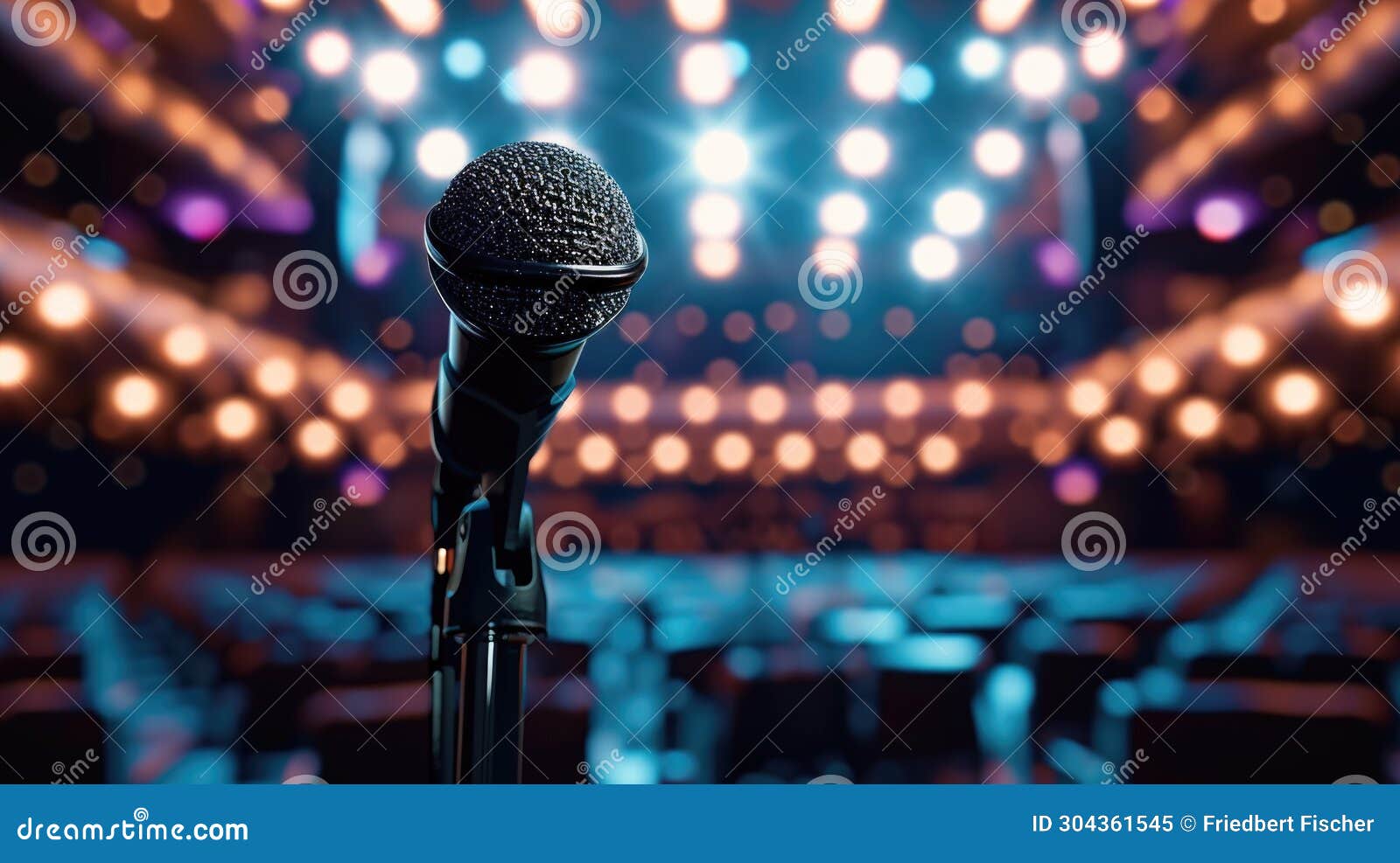 A Microphone on a Stand in Front of a Stage Stock Image - Image of blue ...