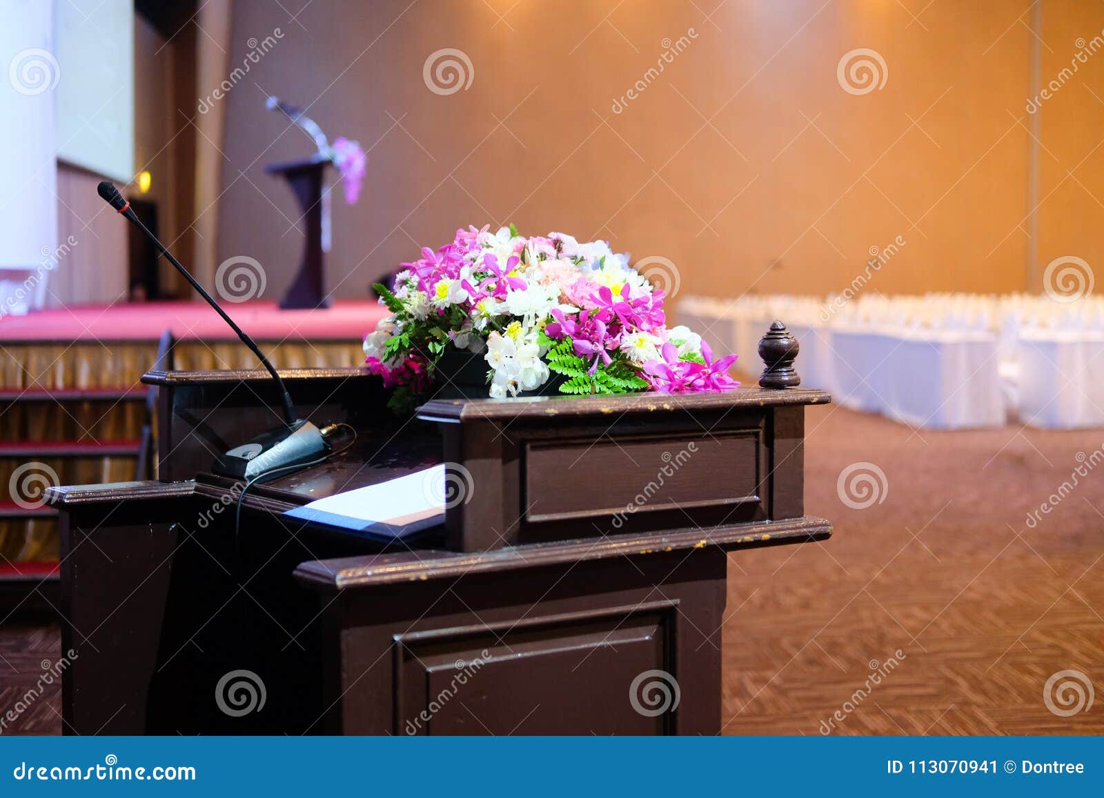 Microphone on Stand Podium Decoration with Flower Stock Image - Image ...