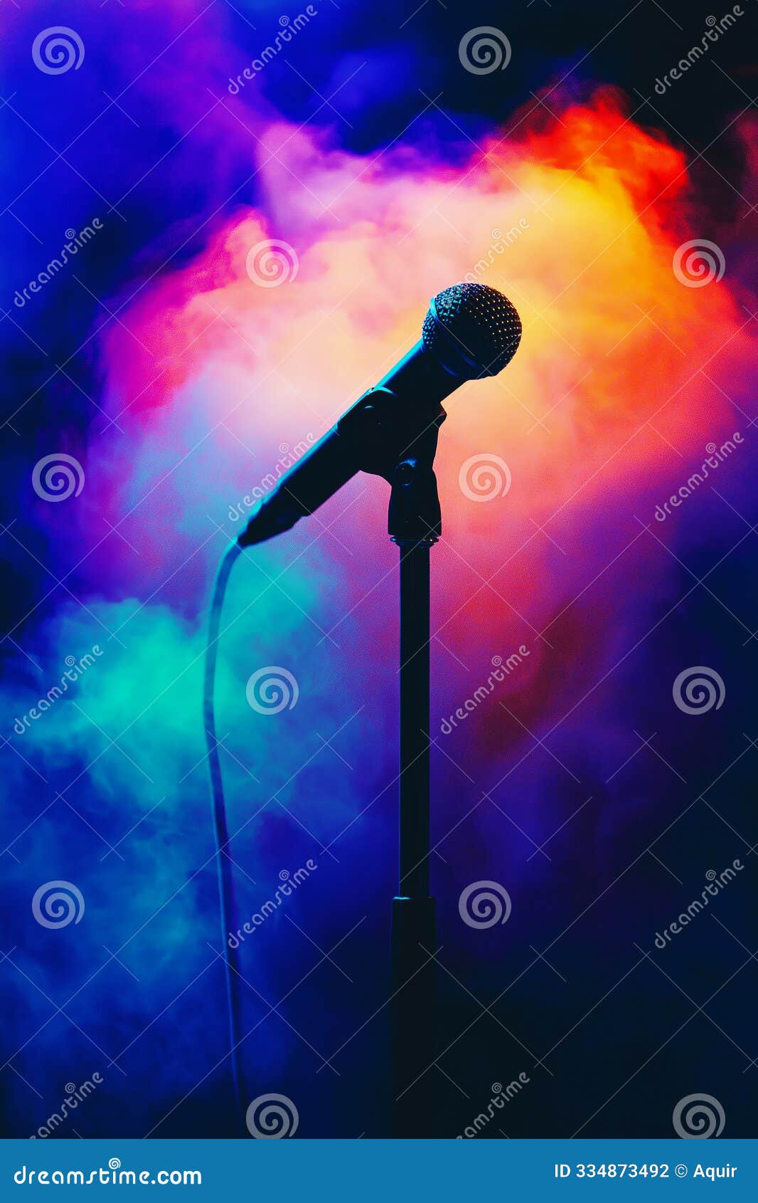Microphone Standing on an Empty Stage with Colorful Light and Smoke ...