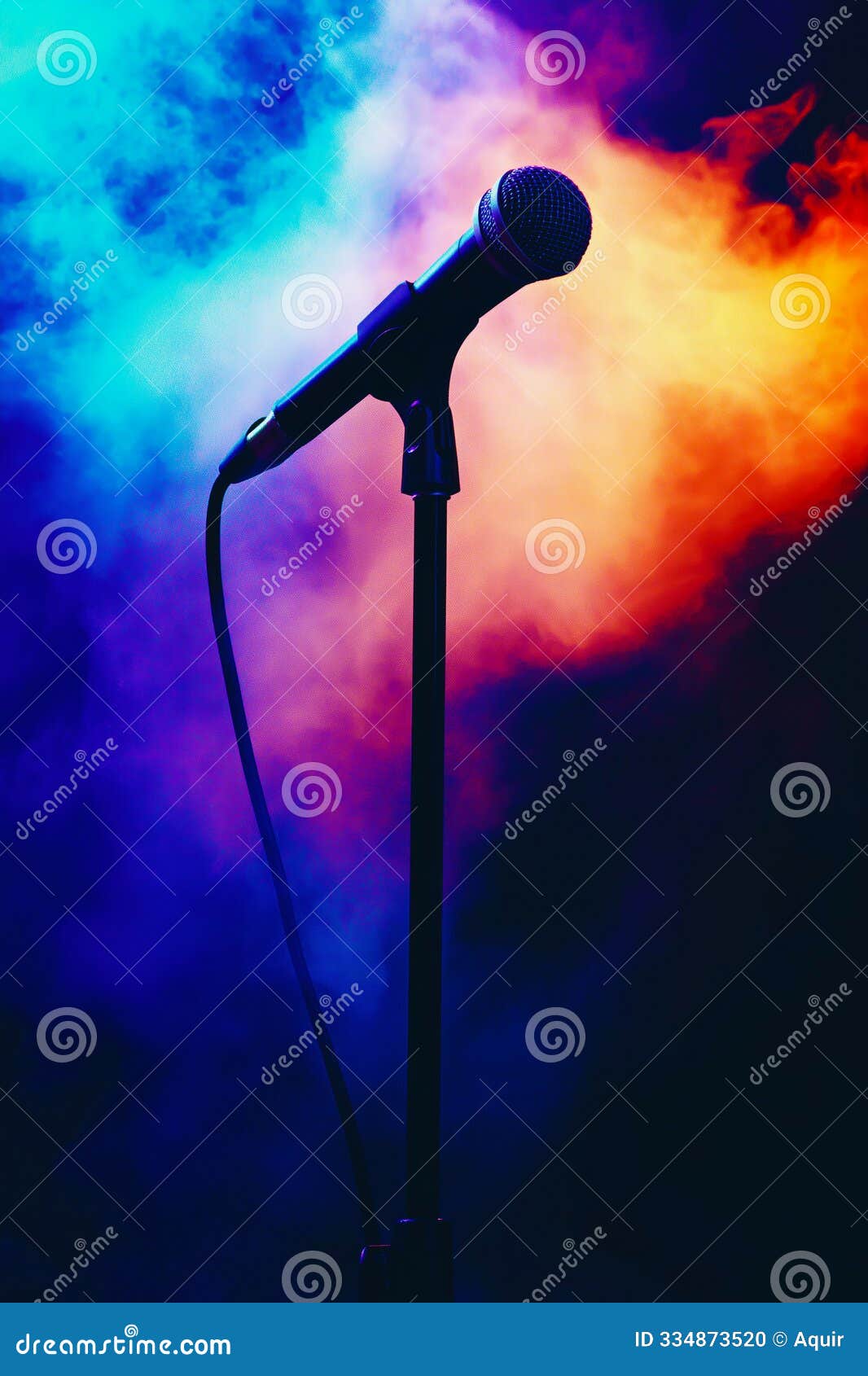 Microphone Standing on an Empty Stage with Colorful Light and Smoke ...