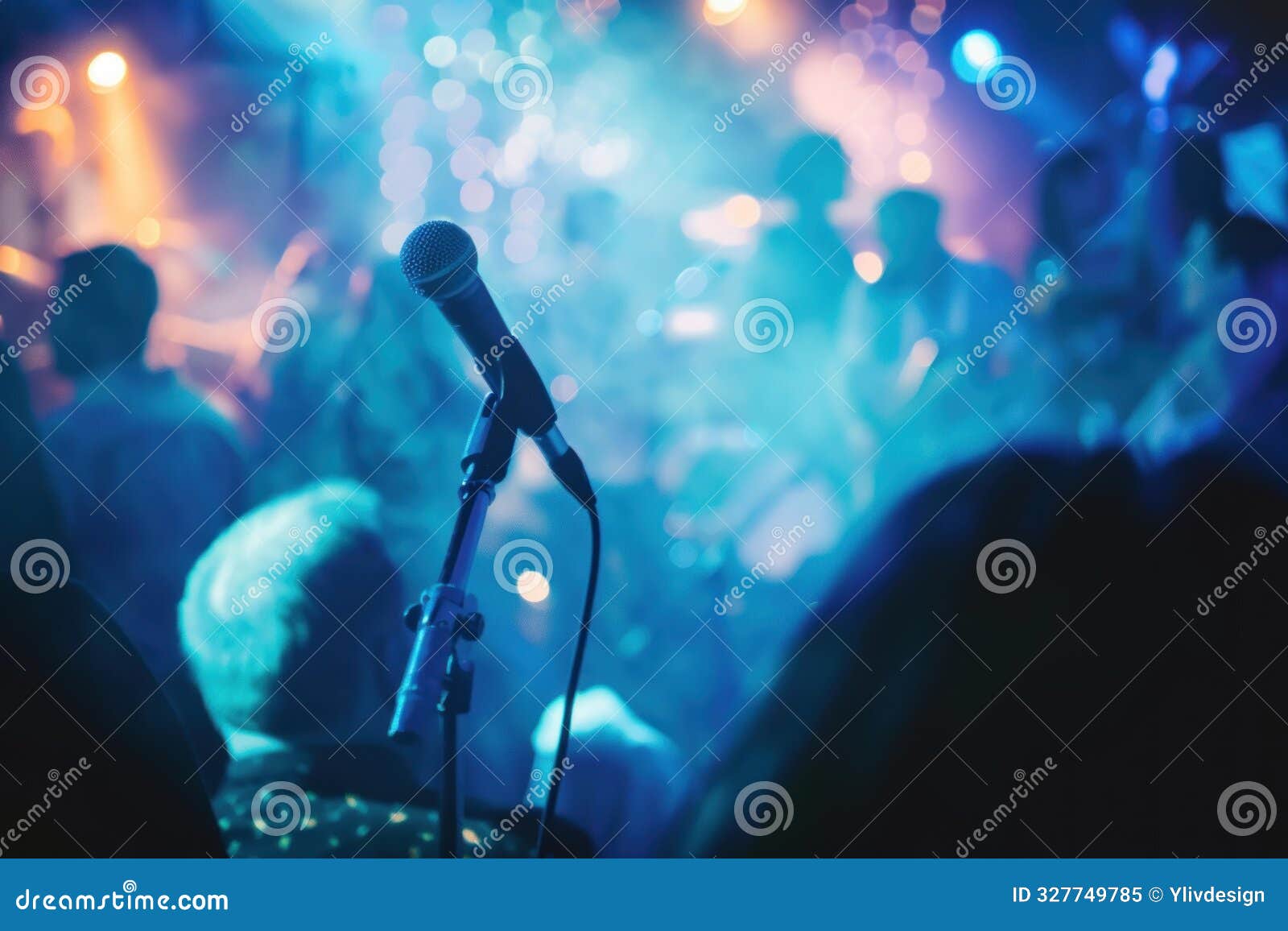Microphone Standing on Stage during a Concert with Crowd Cheering Stock ...