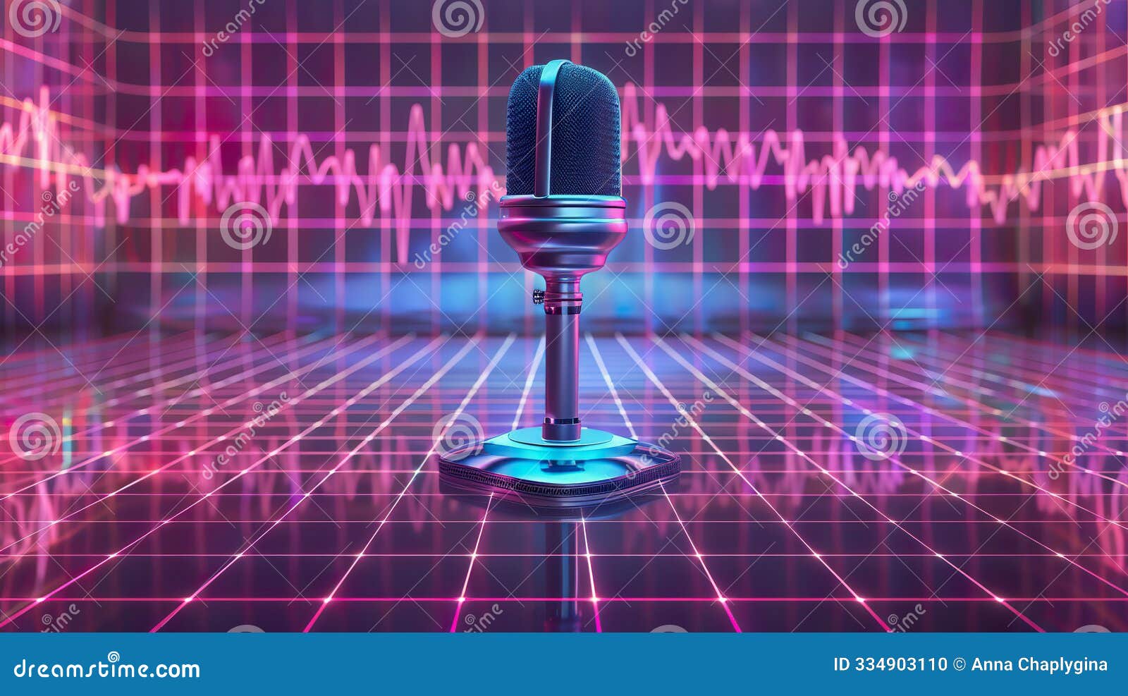 Microphone Stands Centered As Sound Wave Patterns Pulse on a Vibrant ...