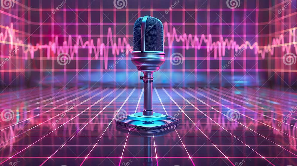 Microphone Stands Centered As Sound Wave Patterns Pulse on a Vibrant ...