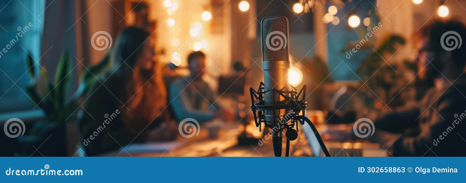 Microphone Stands in a Cozy Podcast Studio with a Lively Group ...