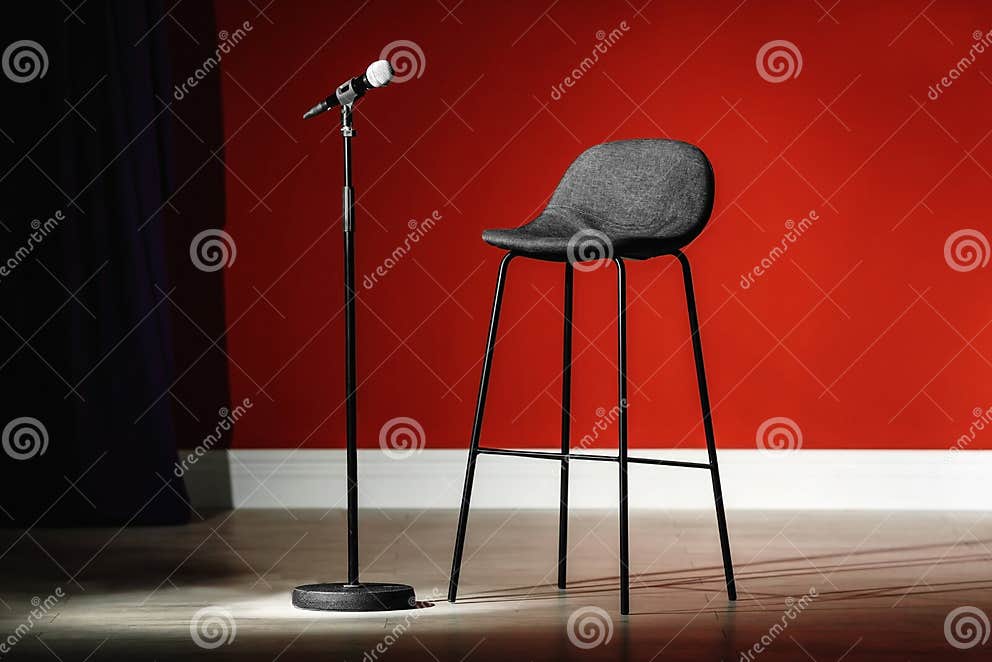 Microphone and Stool on Stage Against Stock Photo - Image of audio ...