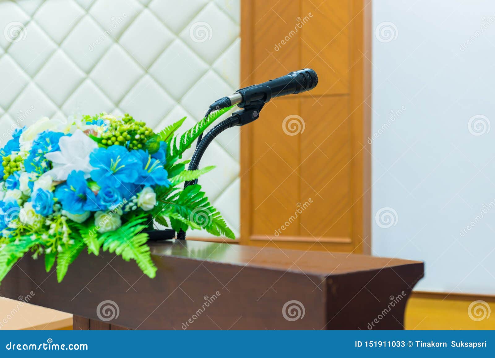 Microphone on the Table in Conference Room with Beautiful Flowers Stock ...