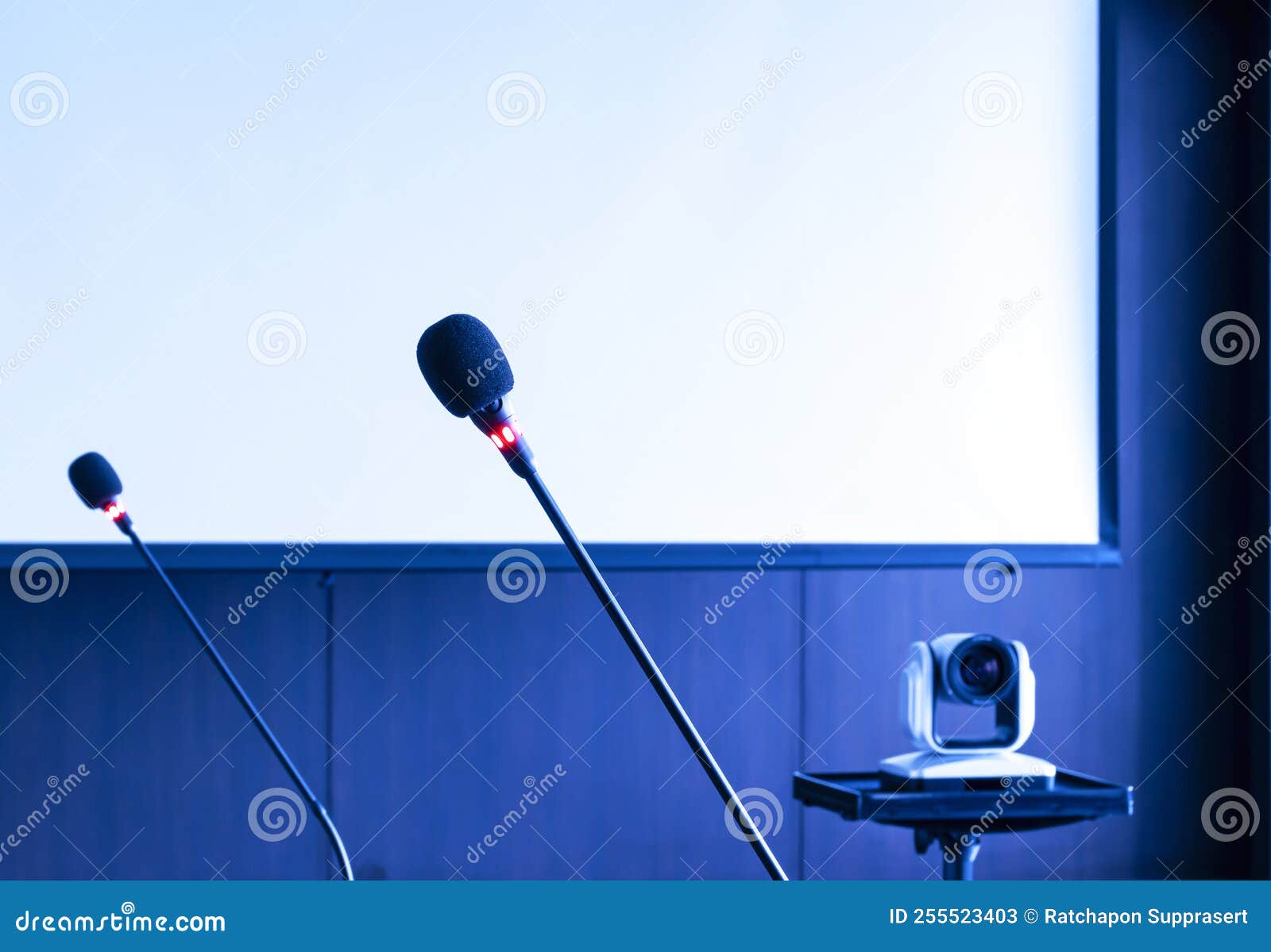 Microphone On Table With Projector Screen Background In Meeting Room ...