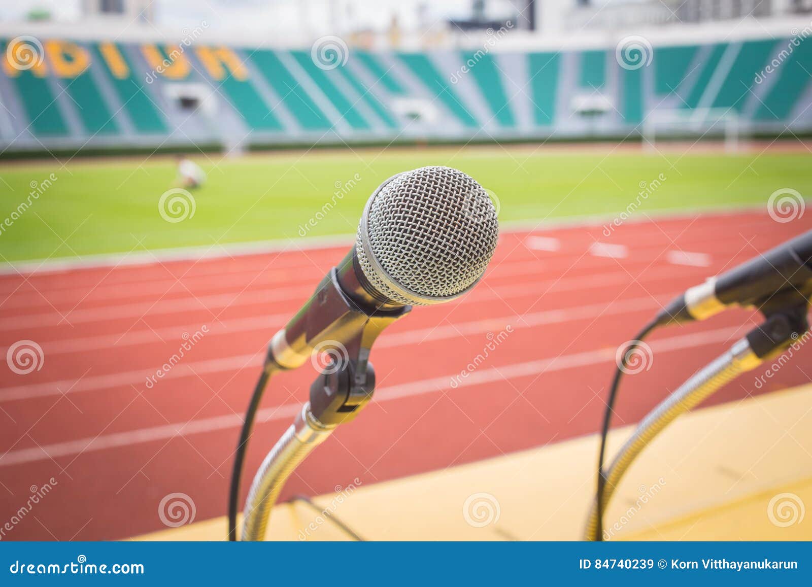 Microphone on Table Side Sport Field in Stadium. Stock Image - Image of ...